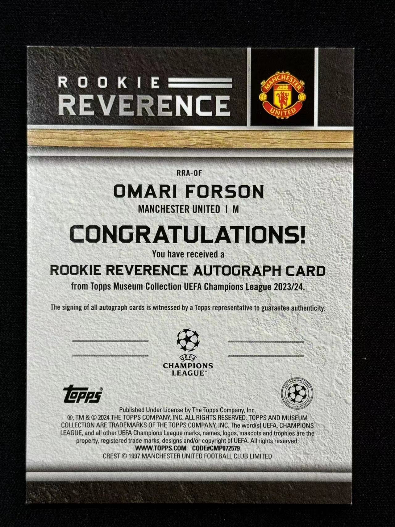 2023-24 Topps Museum Omari Forson RC 欧冠博物馆 曼联 奥马里 福森 新秀 金折 金平行 签字 50编 ...