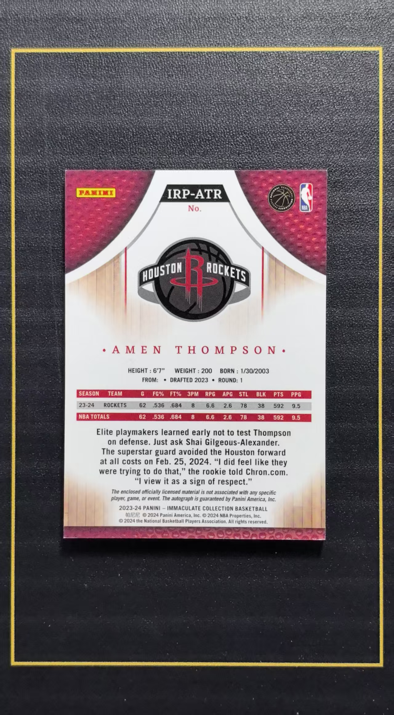 【超新星精品】2023-24 Panini Immaculate Amen Thompson RC 新秀 火箭 阿门汤普森 10编 复古 ...