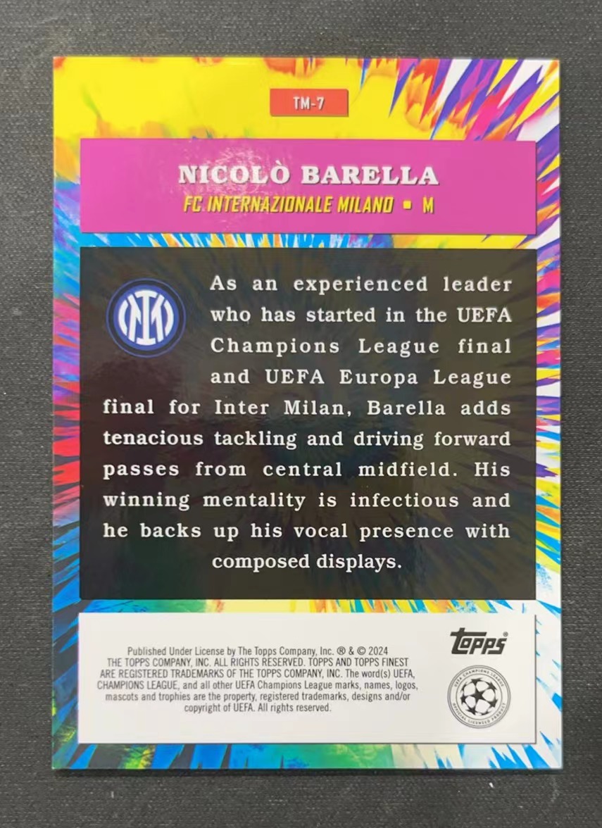 【长安代卖】2023-24 Topps Finest Nicolo Barella 欧战 国际米兰 巴雷拉 The Man 大佬特卡 泼墨 大 ...
