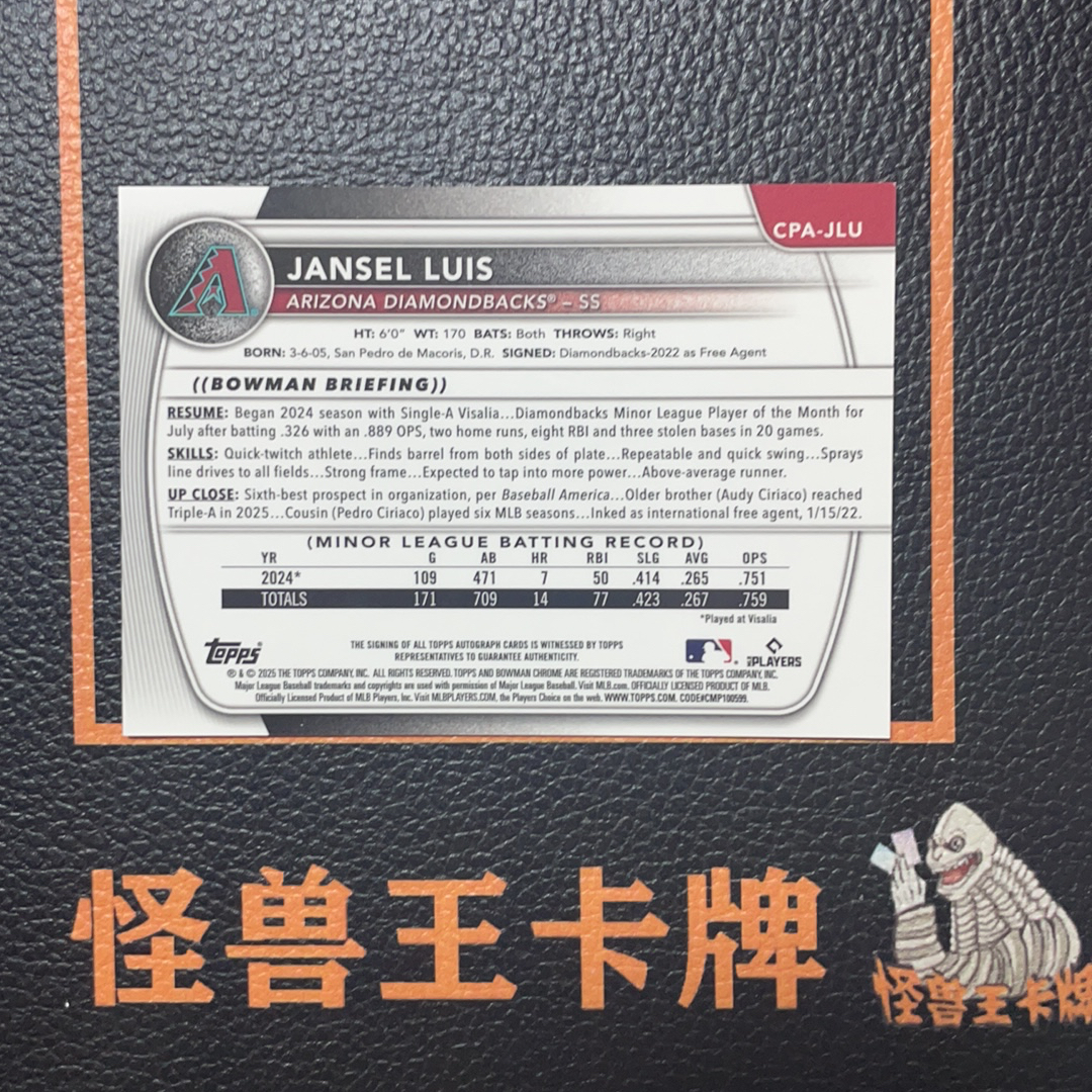 （怪兽拍卖） GSW-C53 2025 Topps Bowman Chrome Jansel Luis 詹赛尔 路易斯 新秀 RC 1st ...