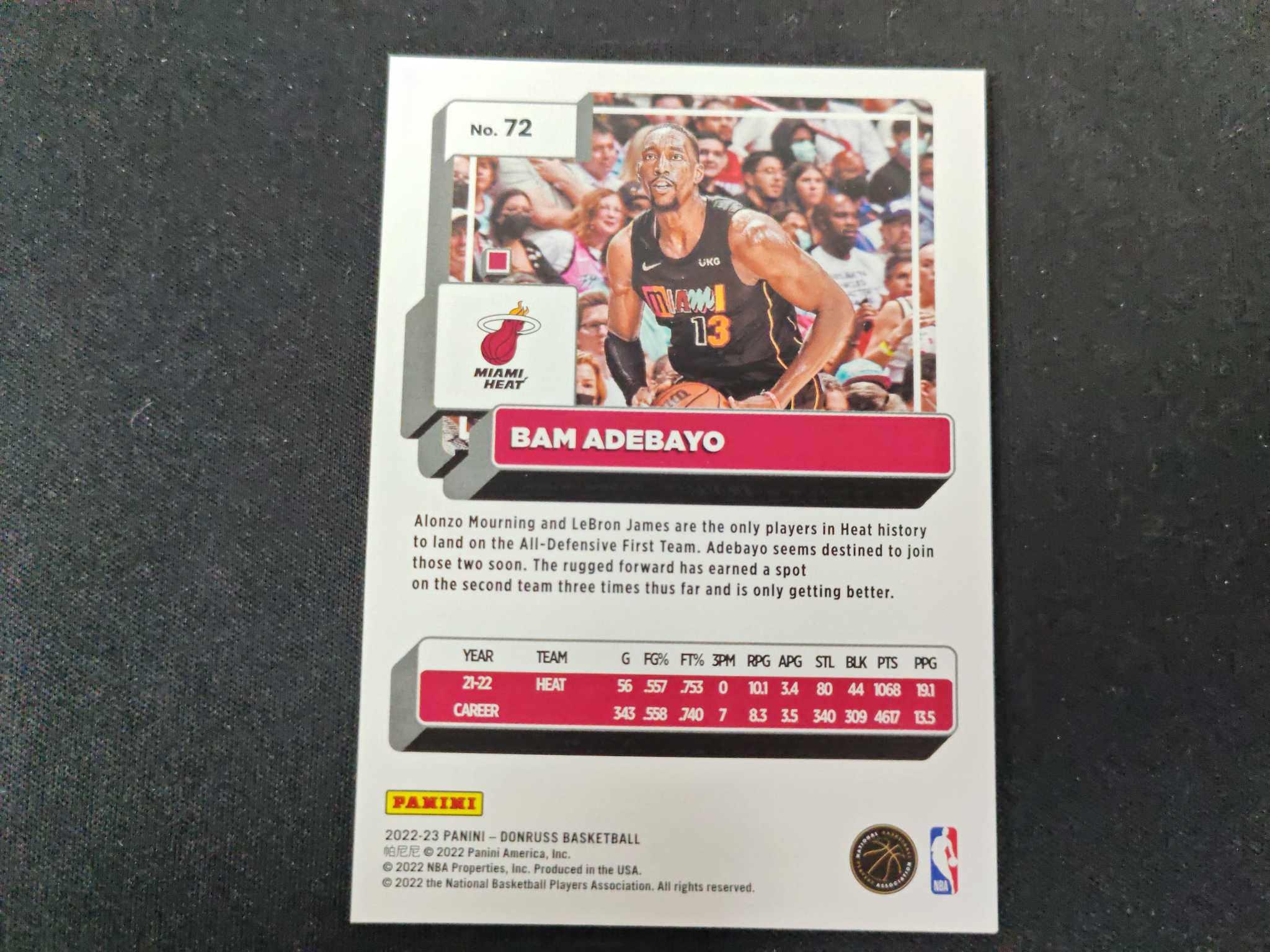 2022-23 Panini Donruss Bam Adebayo SC球星卡 杜蕾斯 热火 阿德巴约 球折 75编 卡品如图收藏必备（国王总冠军） 卡淘
