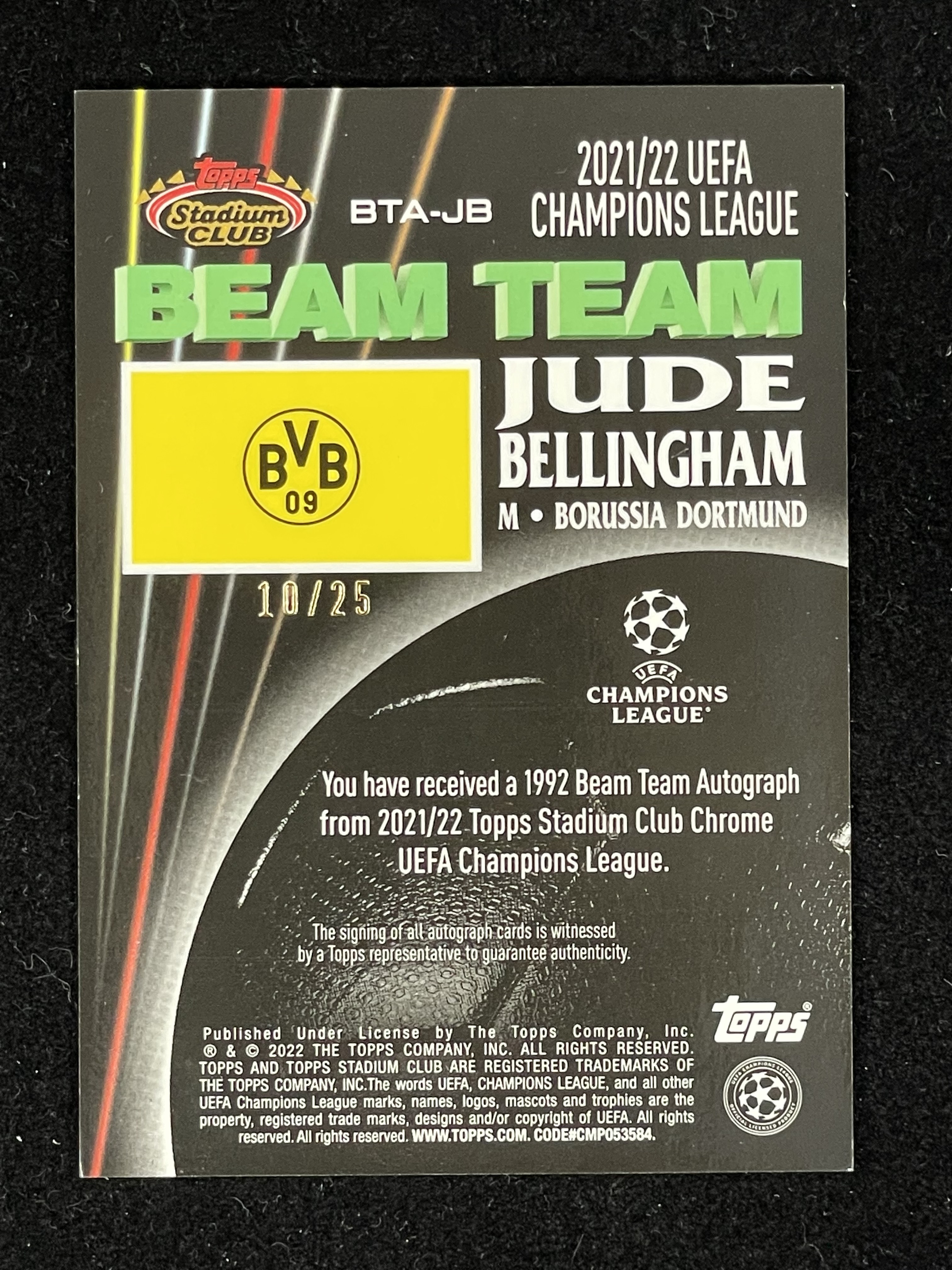 2022 Topps Stadium Club Jude Bellingham 【麦考拍卖】竞技场欧冠 橙折射签字签名特卡 Beam Team ...