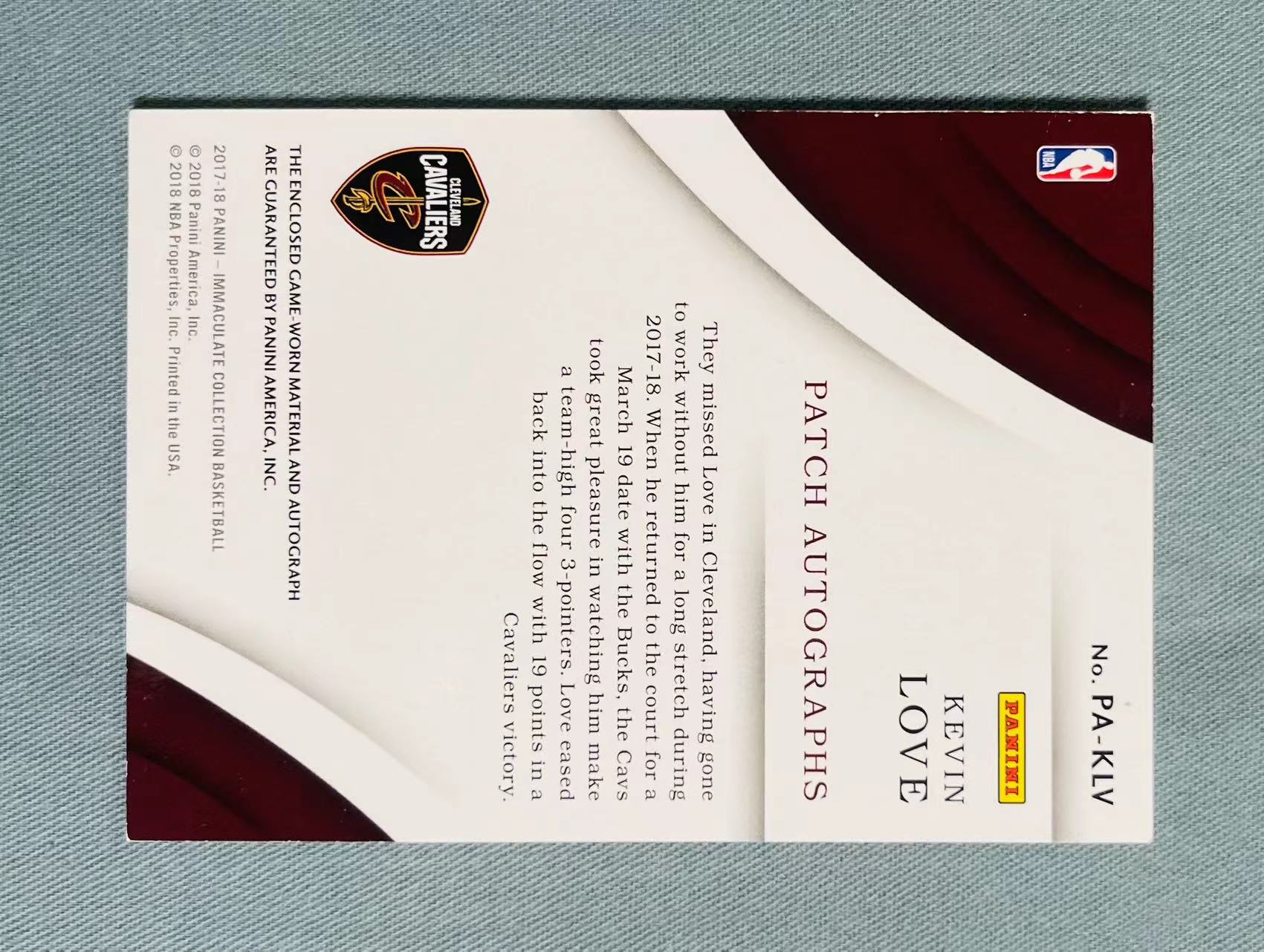 2017-18 Panini Immaculate Collection Kevin Love IMM 骑士 凯文 乐福 四色暴力落场切割 红 ...