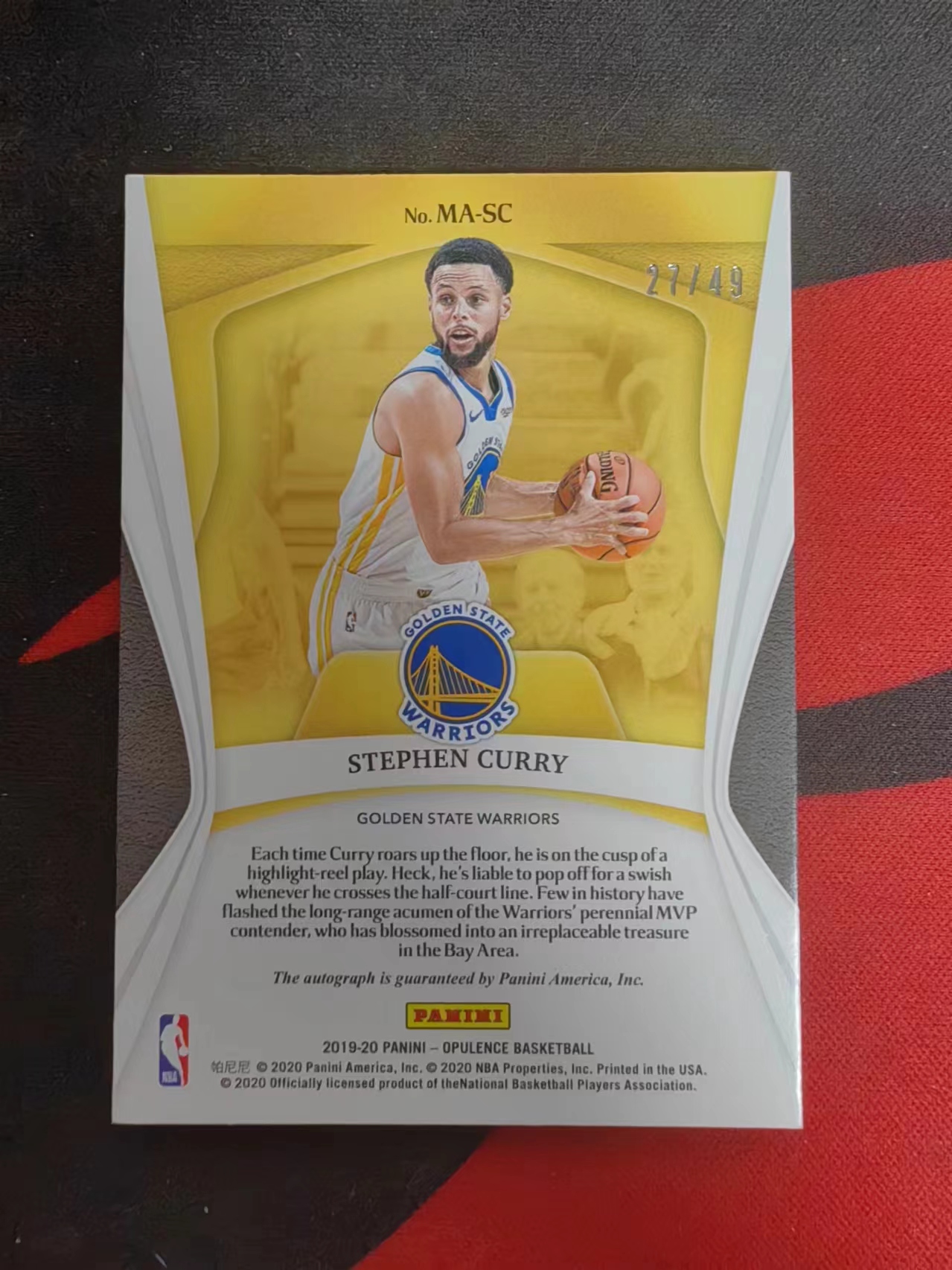 【老实人拍卖]2019-20 Panini Opulence Stephen Curry 金书系列 勇士队 斯蒂芬库里 签字 镜面卡签 49编 ...