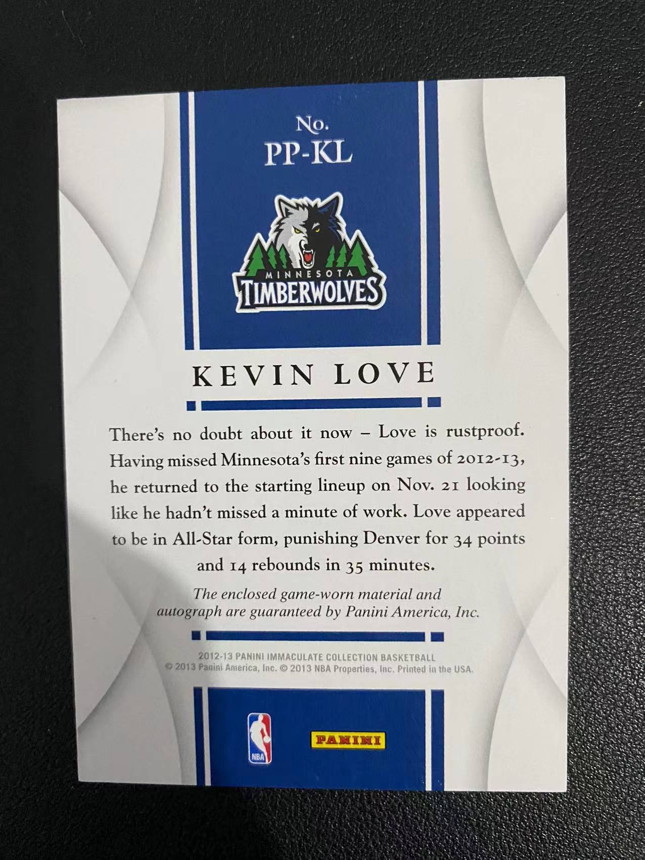 【陈氏拍卖】2012-13 Panini Immaculate Kevin Love IMM 乐福 签字 卡签 实物球衣衣料 大窗切割 ...