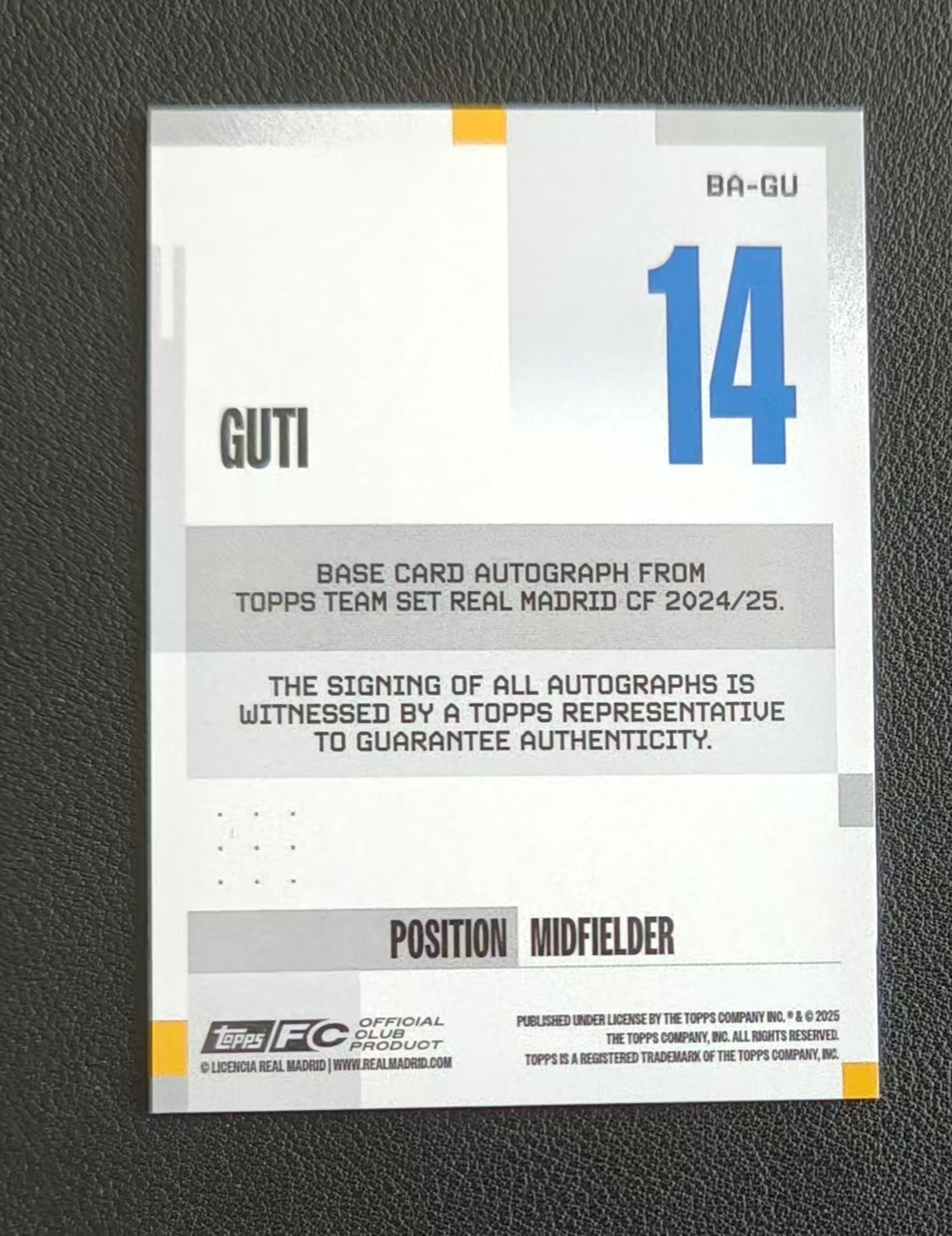 2025 Topps Real Madrid Team Set Guti (钰钰代拍)皇马队盒 皇家马德里 古蒂 176/250编 蓝折 签字 ...