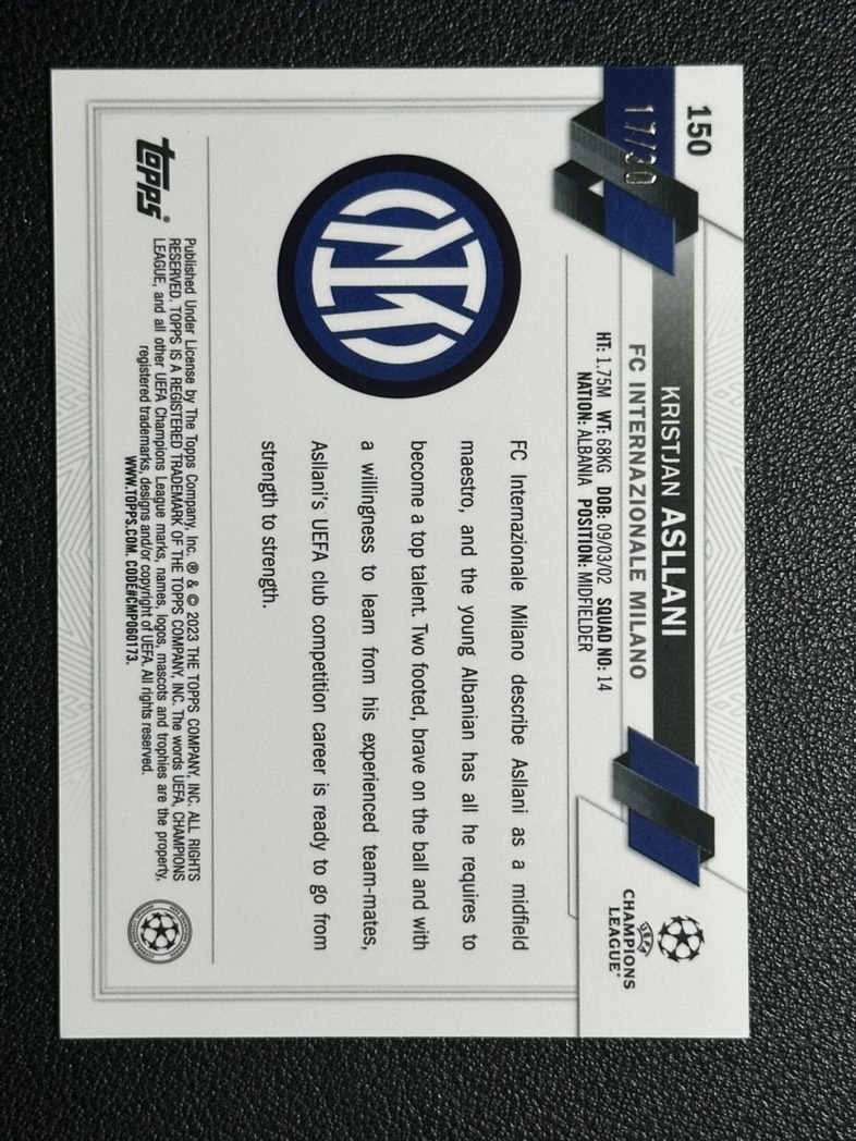 2022-23 Topps Chrome Kristjan Asllani RC 阿斯拉尼 30编 新秀RC 黑金折 卡品如图 看清下拍 卡片 ...