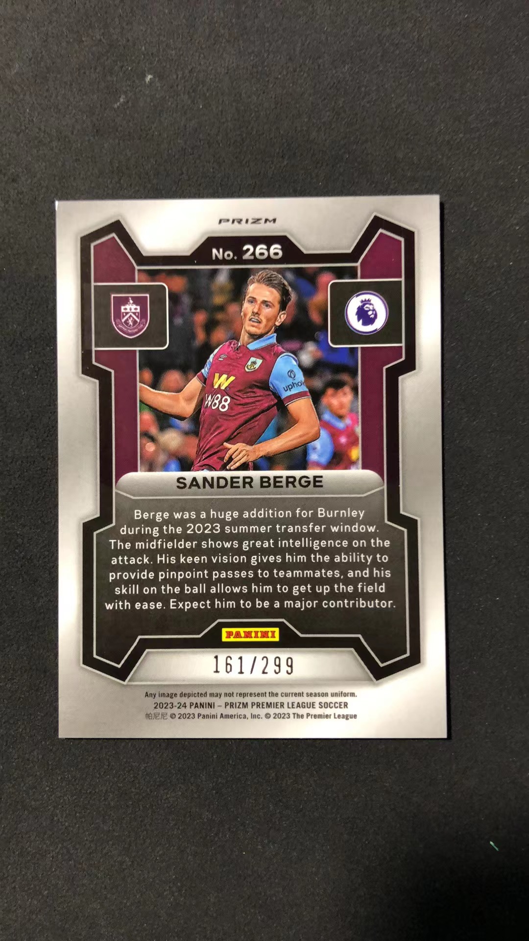 2023-24 Panini Prizm Sander Berge 英超PZ 伯恩利 桑德尔 贝格 161/299编 蓝折 梦煜 高3388n 卡淘