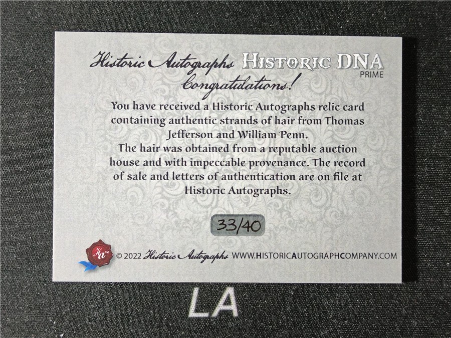 【LA拍卖】2022 Historic Autographs 托马斯·杰斐逊 威廉·佩恩 Historic DNA 头发卡 双人实物卡 手写 ...