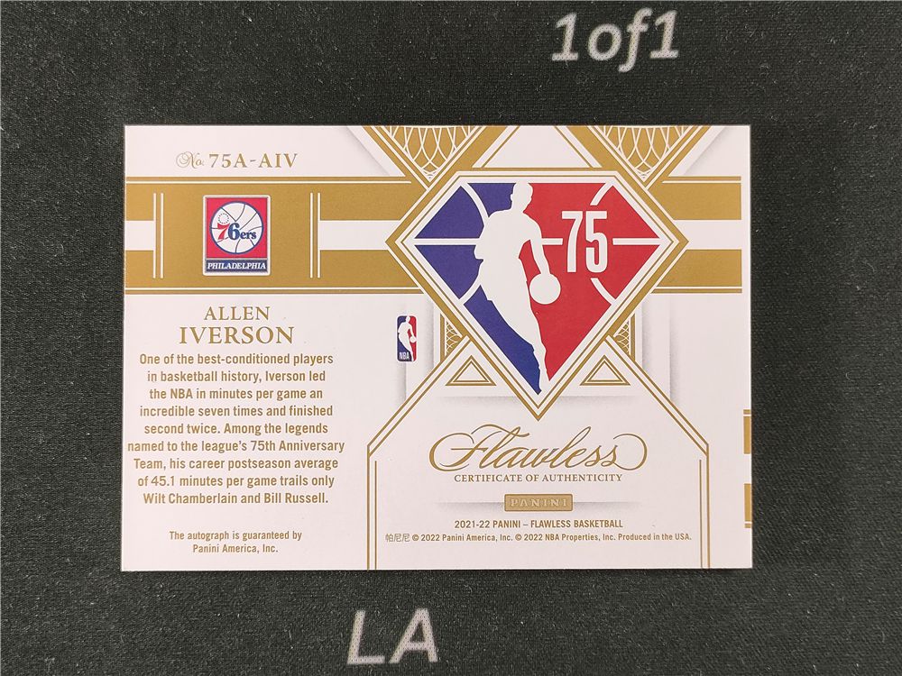 【LA拍卖精品】21-22 Panini Flawless Allen Iverson 手提 76人 答案 阿伦 艾弗森 艾佛森 NBA75周年 签字卡签 湖水蓝 限量1编 1/1 1of1 ...