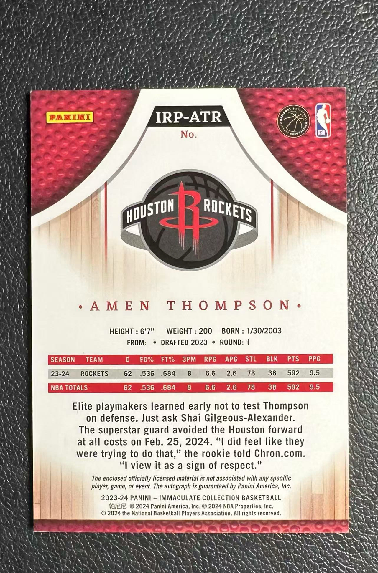 2023-24 Panini Immaculate Amen Thompson RC 【小柴拍卖】imm系列 阿门 汤普森 签字 卡签 新秀 ...