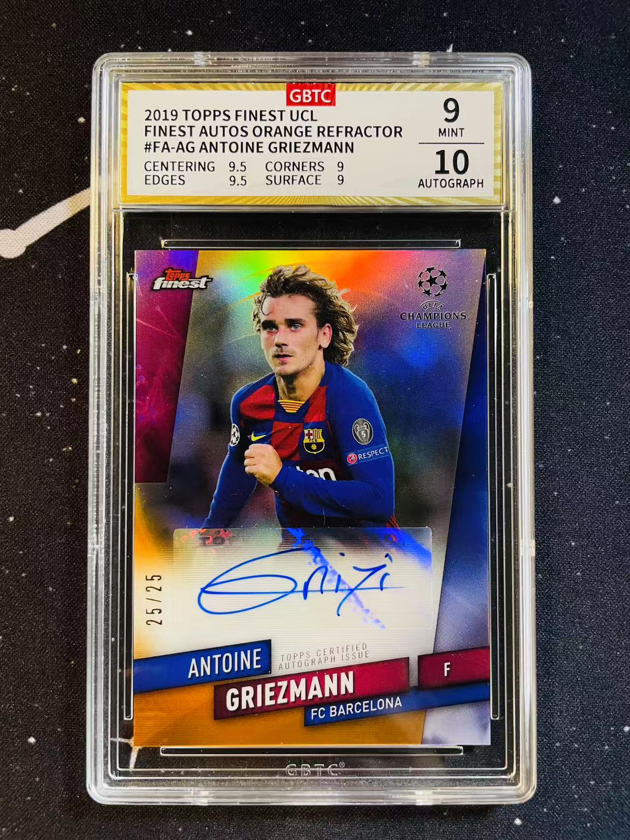2019-20 Topps Finest Antoine Griezmann 欧冠 格列兹曼 格子 签字 橙折 25/25编 尾编 公博评级9 ...