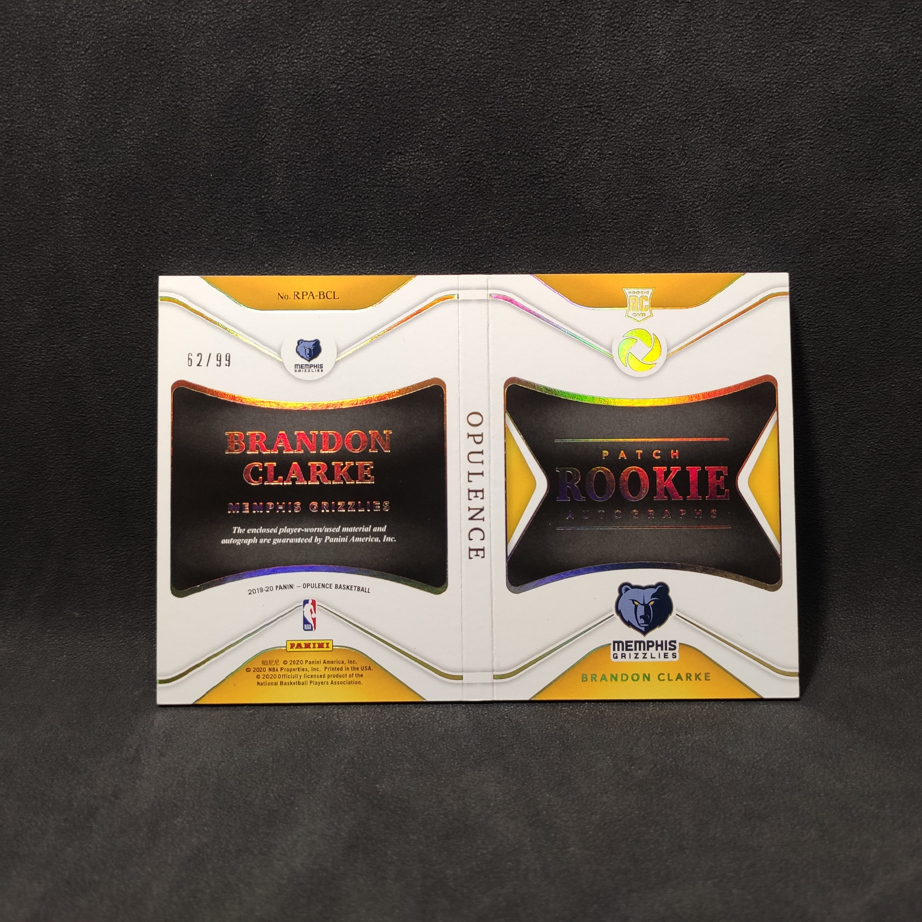 【大腿代卖】Brandon Clarke 布兰登克拉克 2019-20 Opulence 金书 RC新秀 /99编带编限量 RPA 签字 球衣物料 Patch 小书 灰熊队/瑕疵见详图135关 ...