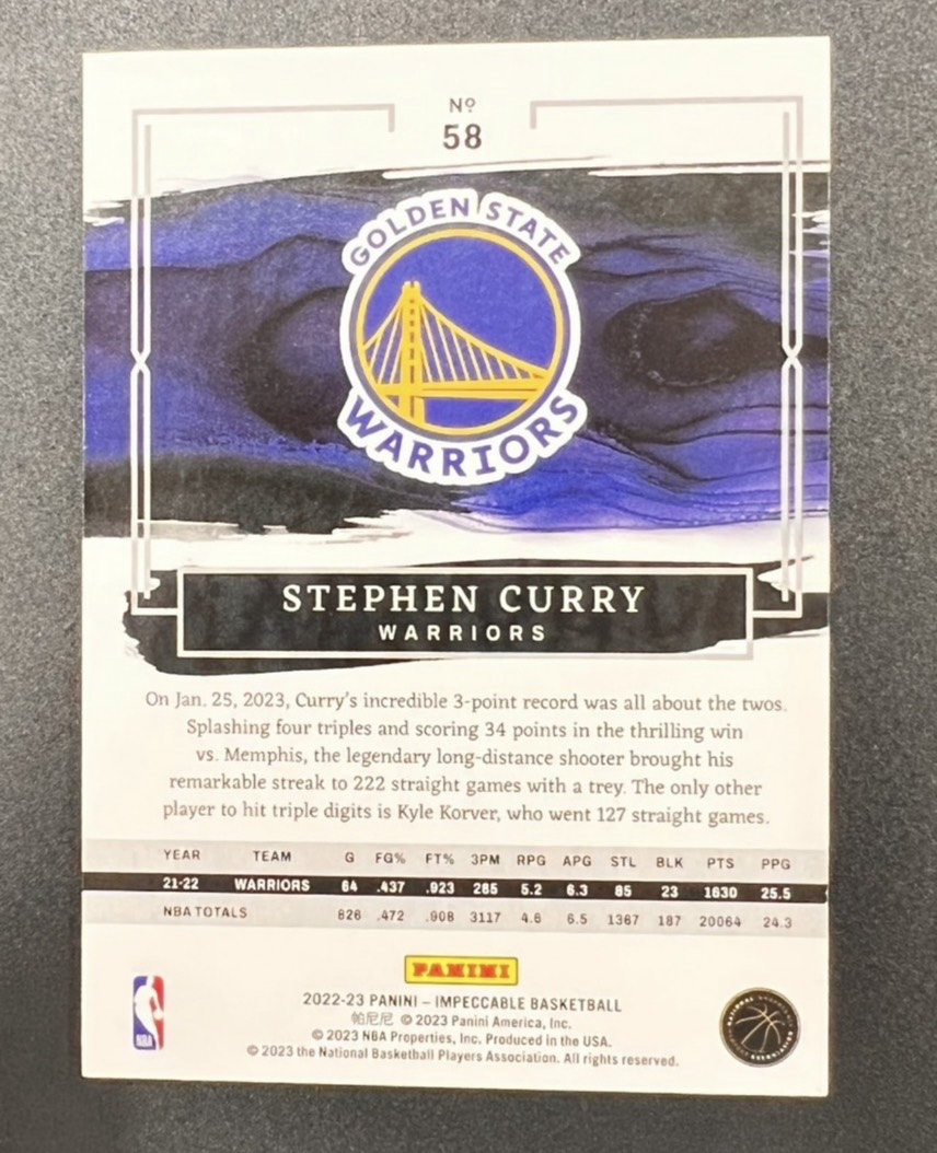 2022-23 Panini Impeccable Stephen Curry 小学生 斯蒂芬库里 勇士选图 小真金系列 75编 BASE 特 ...