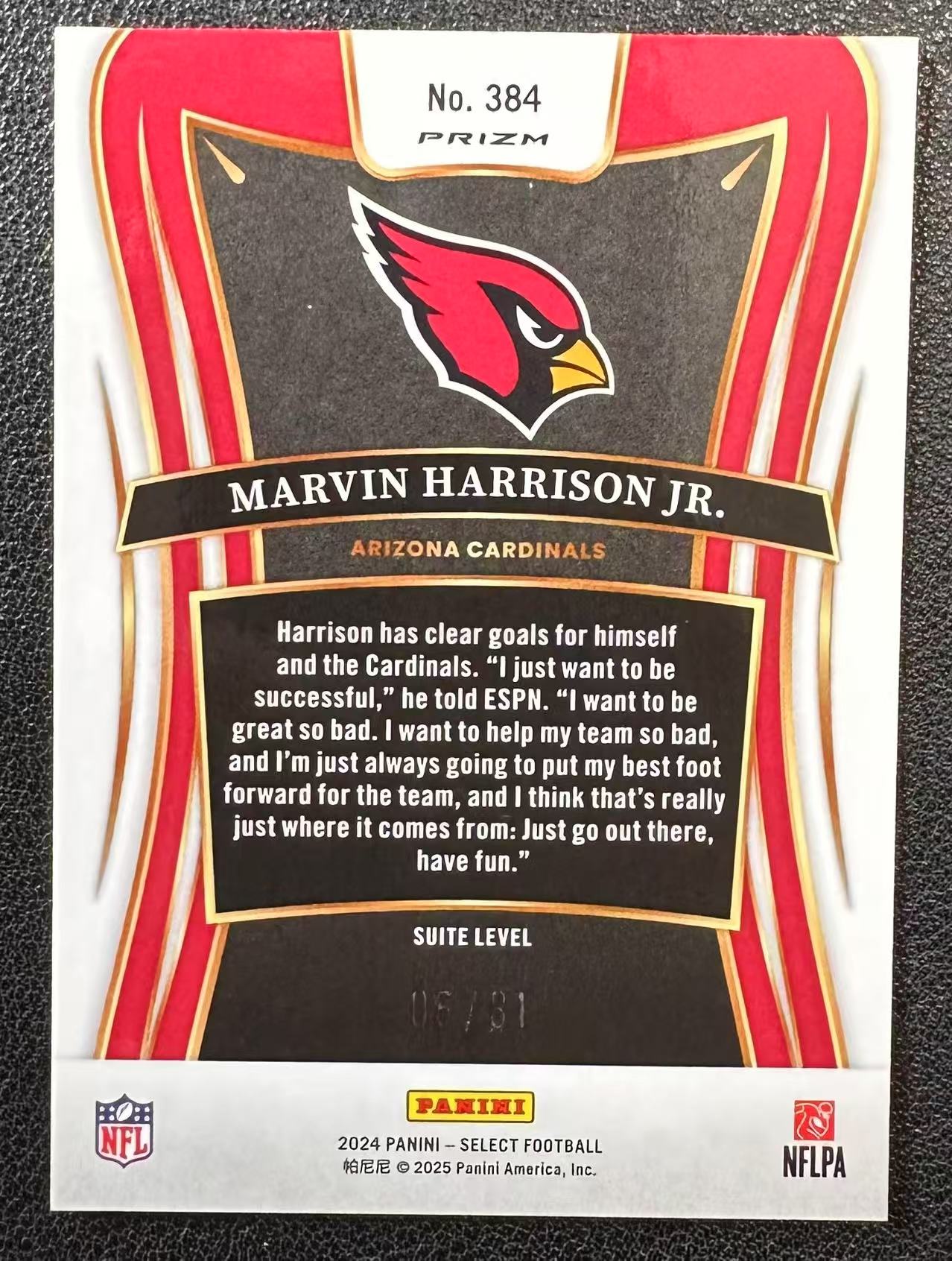 2024 Panini Select Marvin Harrison Jr. RC NFL SE 新秀 小 马文 哈里森 4级 06/81编 ...