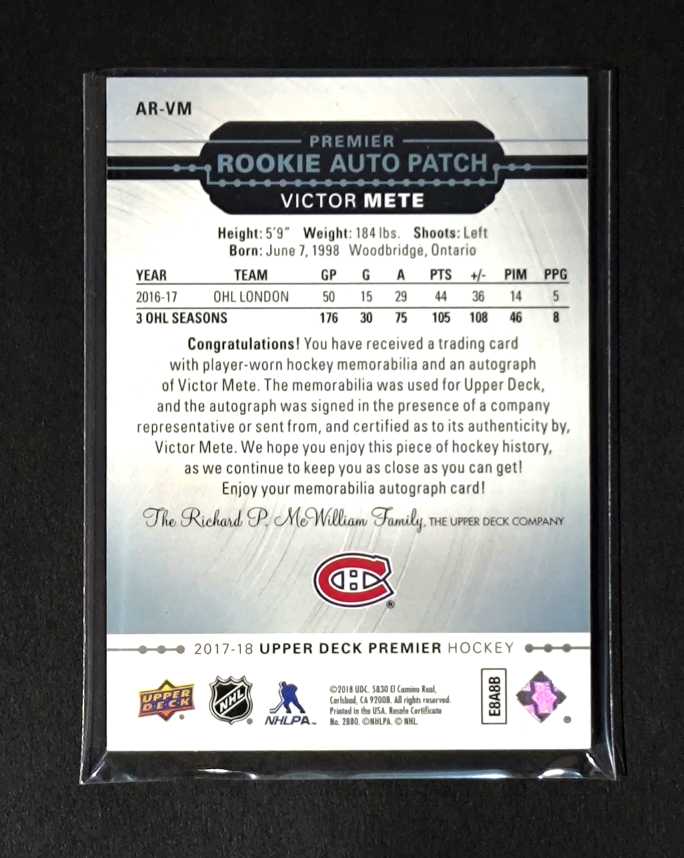 2017-18 Upper Deck Premier Victor Mete RC NHL 新秀RC 蒙特利尔加拿大人 维克托-梅特 签字 ...