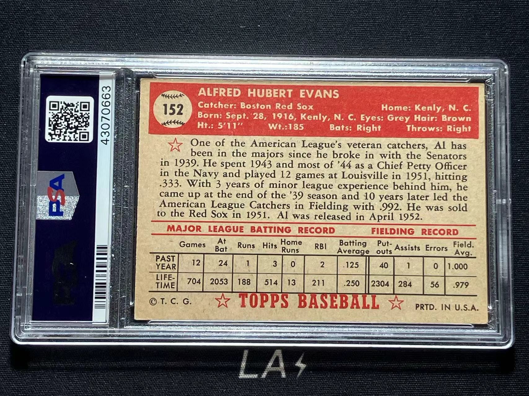 【LA拍卖】1952 Topps Baseball Alfred Hubert Evens 棒球 波士顿红袜 埃尔弗雷德 赫伯特 埃文斯 签字 ...