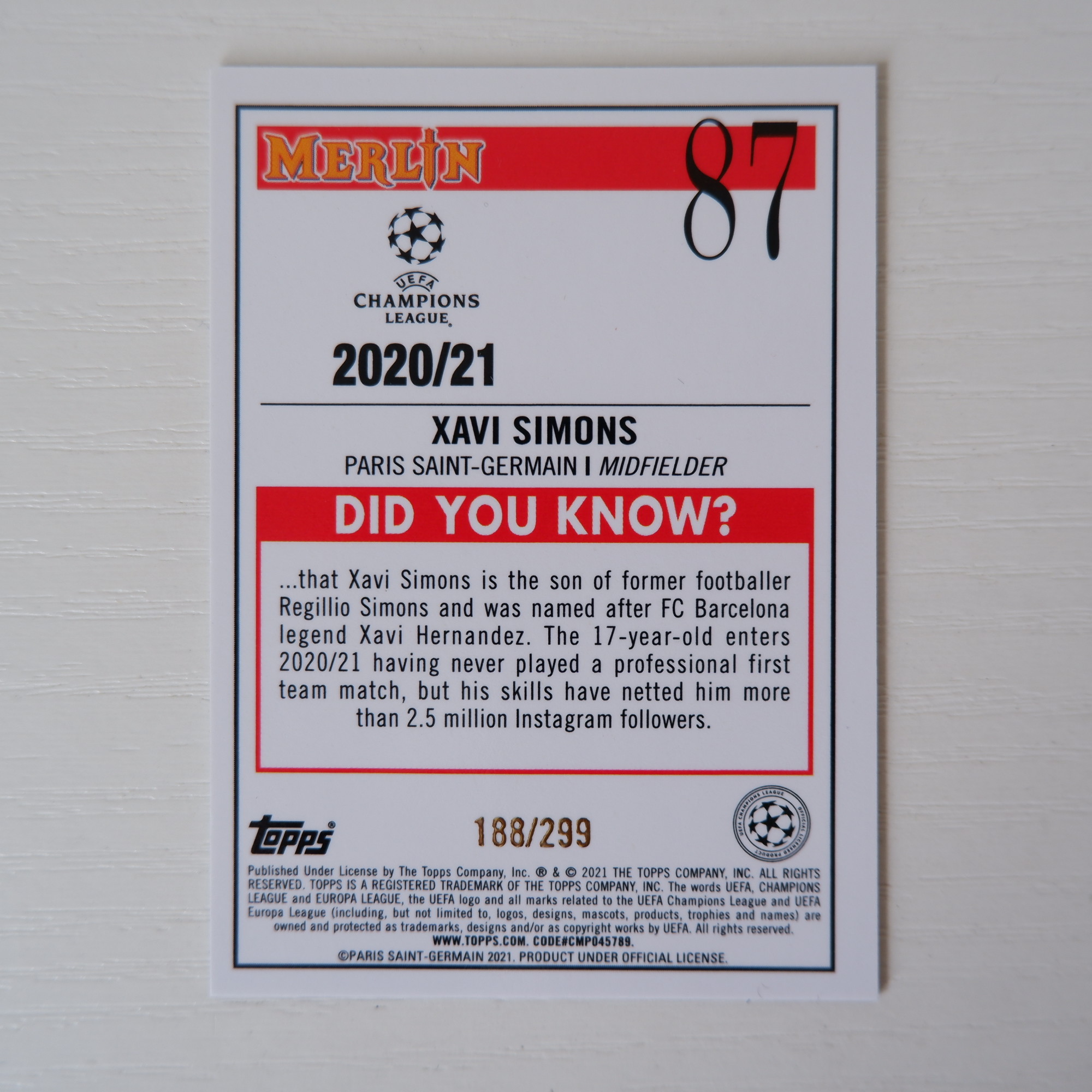 2021 Topps Merlin chrome Xavi Simons RC 【小町拍卖】梅林 哈维 西蒙斯 巴黎圣日耳曼 新秀 299编 ...
