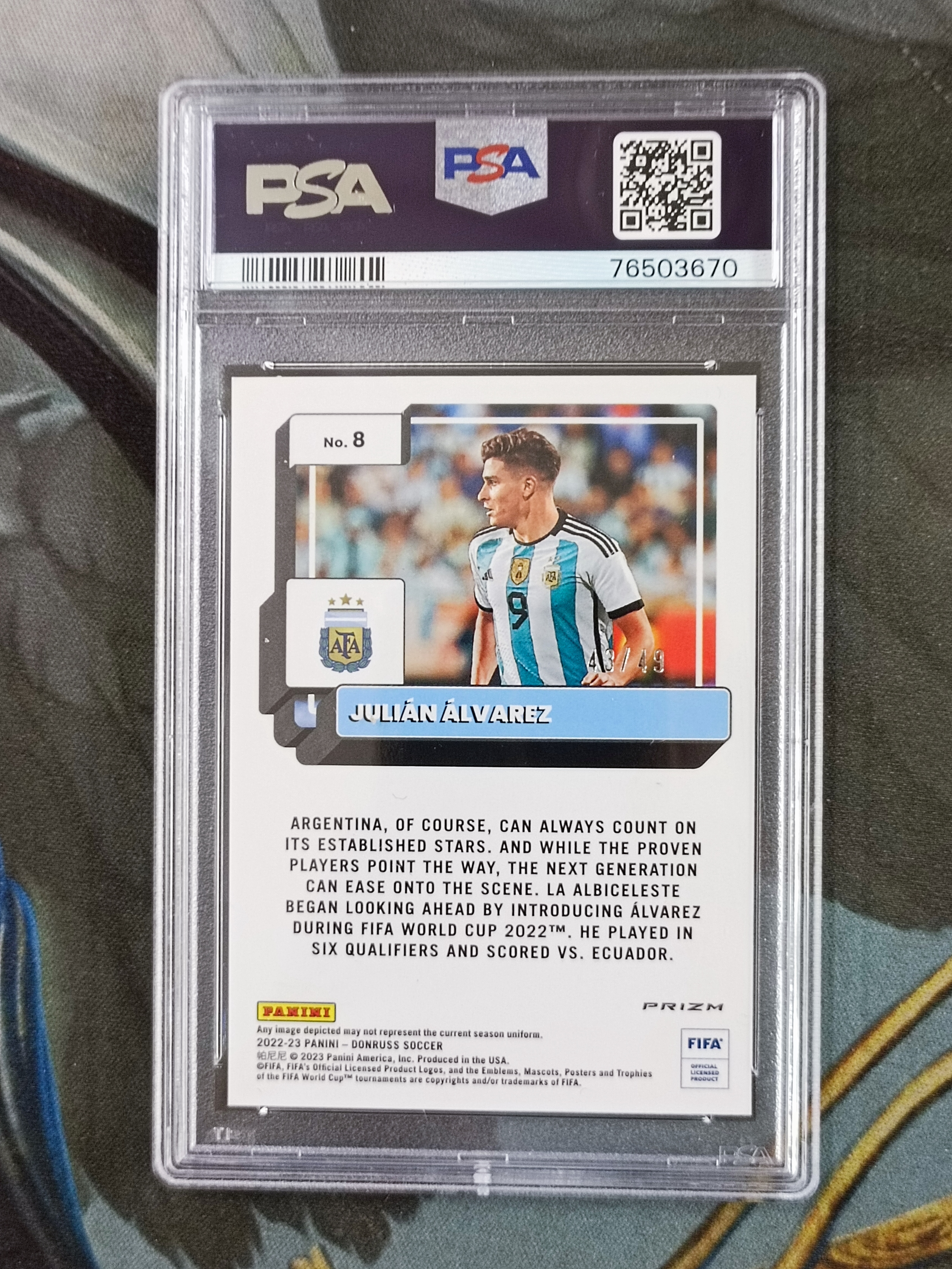 2022-23 Donruss Optic FIFA Julian Alvarez RC 小蜘蛛 阿尔瓦雷斯 新秀 限量49编 折射 评级卡 PSA9 阿根廷( POP8 )《苏州卡通》J ...