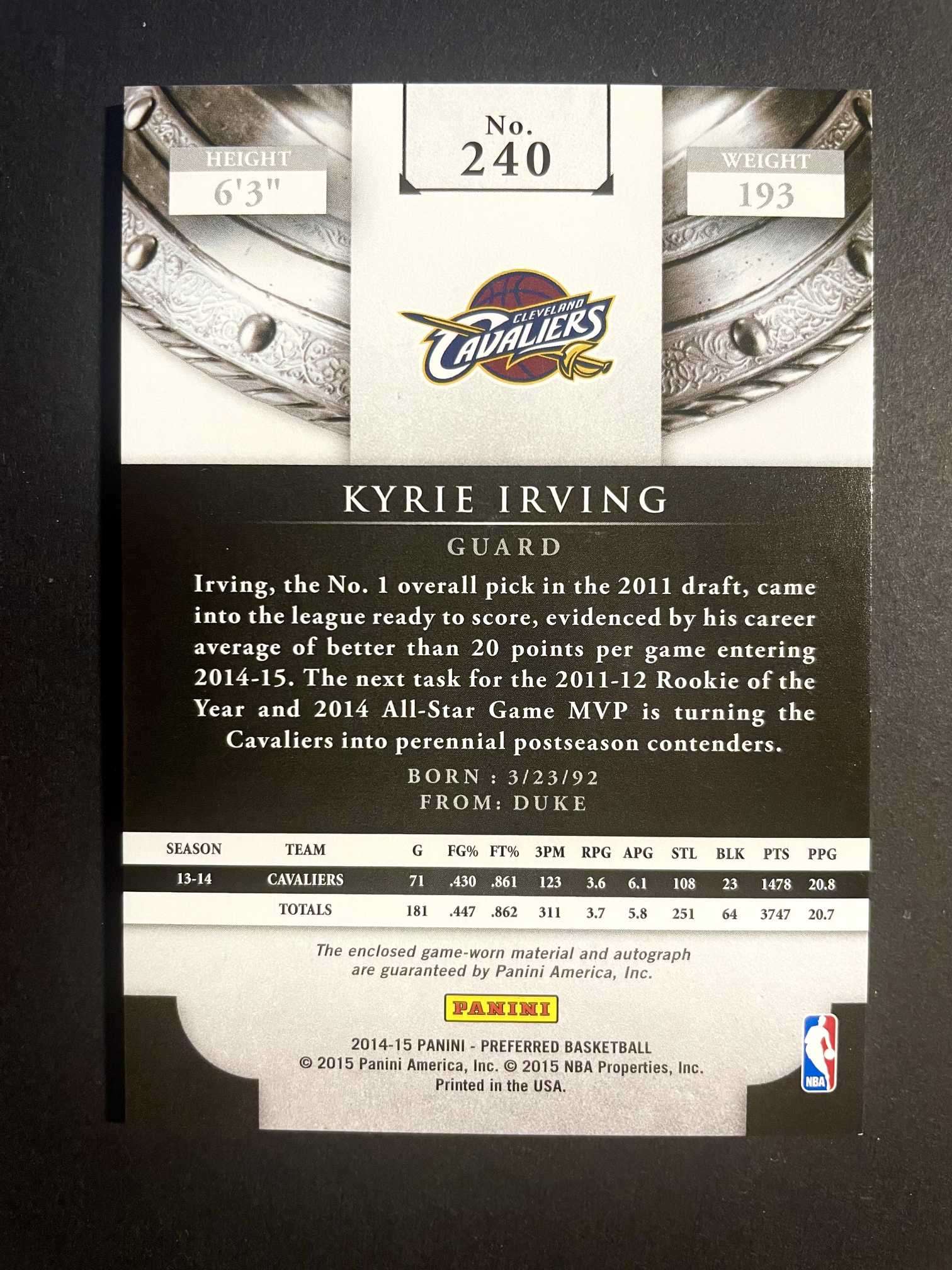 2014-15 Panini Crown Royale Kyrie Irving 骑士 凯里欧文 皇冠 剪影 暴力亲穿落场球衣patch签字 ...