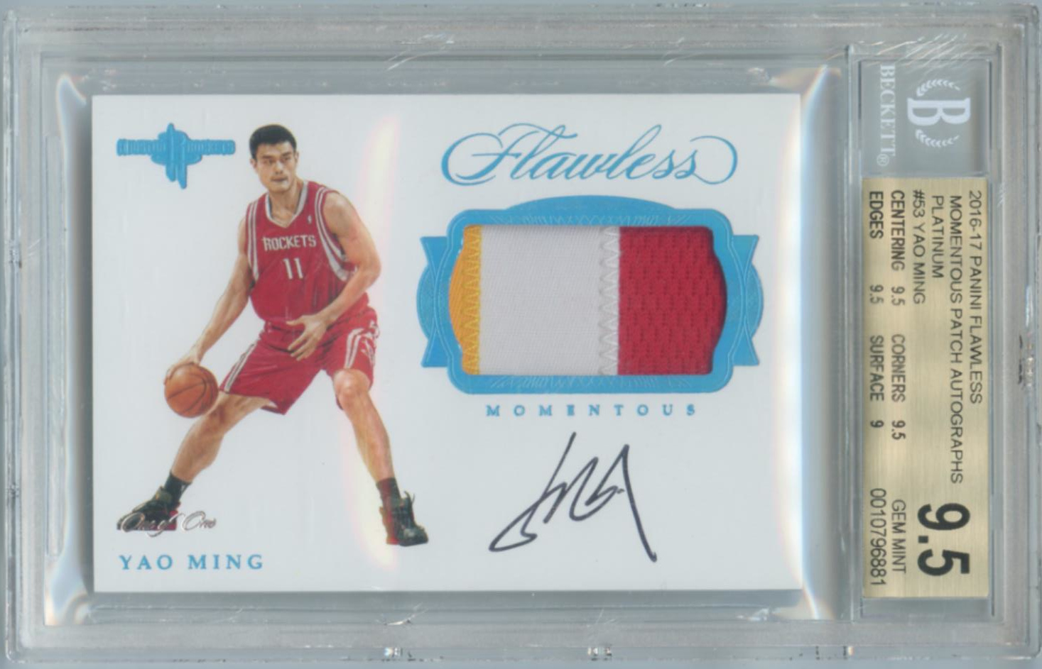 2016-17 Panini Flawless Yao Ming 手提 姚明 PATCH 签字 三色切割 白金平行 湖水蓝 1/1 金标 ...