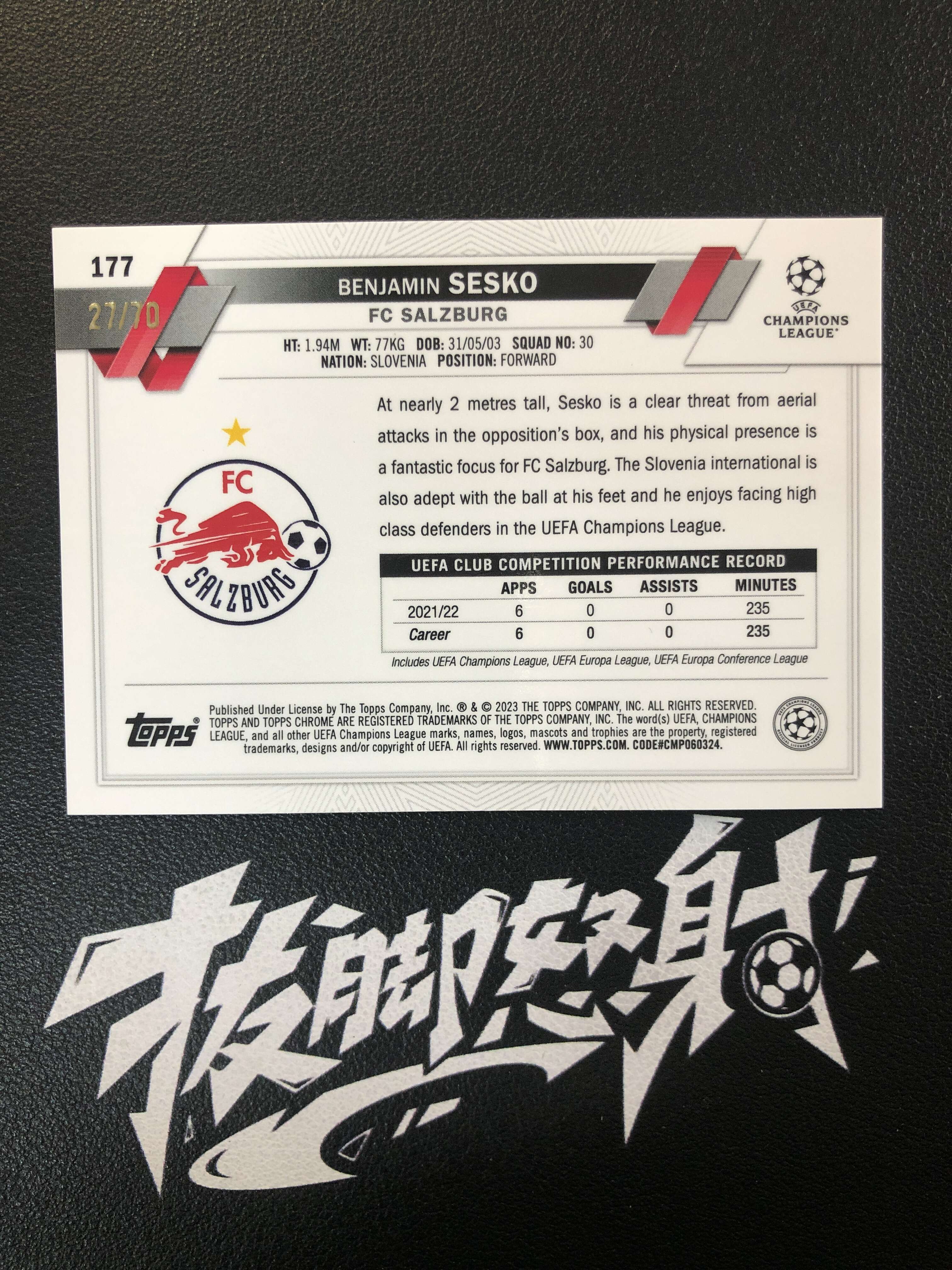 【怒射拍卖 接代卖】拔脚老虎AJ4 2022-23 Topps Chrome蓝宝石系列赛斯科 萨尔茨堡红牛 欧冠 绿碎冰折 27/70编 拍前 ...