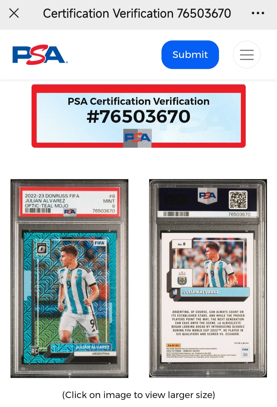 2022-23 Donruss Optic FIFA Julian Alvarez RC 小蜘蛛 阿尔瓦雷斯 新秀 限量49编 折射 评级卡 PSA9 阿根廷( POP8 )《苏州卡通》J ...