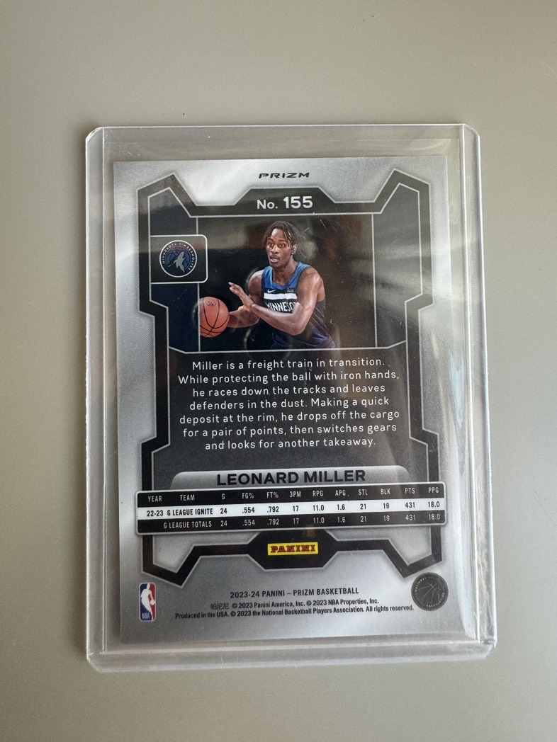 【下狗拍卖】2023-24 Panini Prizm Leonard Miller RC PZ 森林狼 新秀 伦纳德米勒 白闪 折射【abab ...