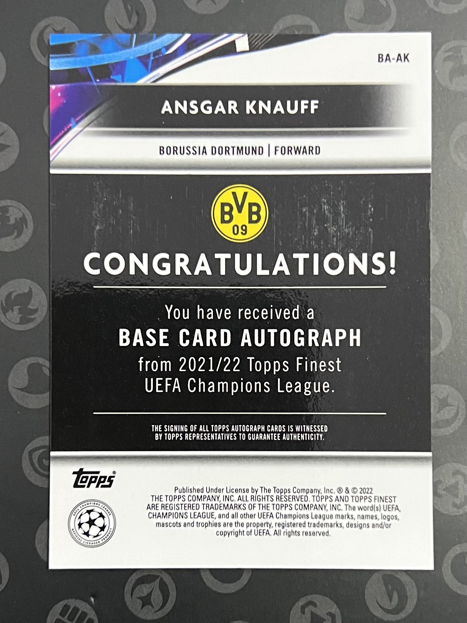 2022 Topps Finest Ansgar Knauff 多特蒙德 克瑙夫 贴签 卡品如图划痕白点 收藏必备 #0651 D107【娜布布】 卡淘