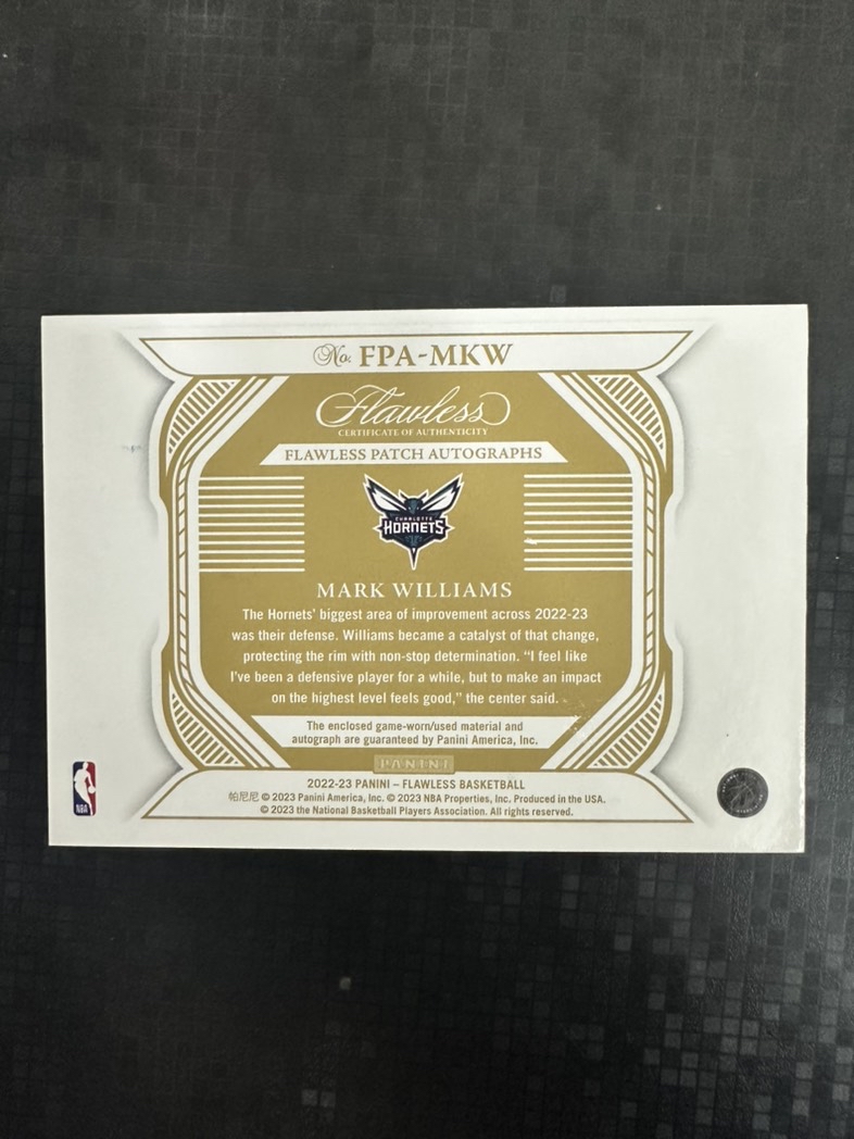 2022-23 Panini Flawless Mark Williams RC 手提 黄蜂 新秀 马威 马克 威廉姆斯 签字 10编 RPA ...