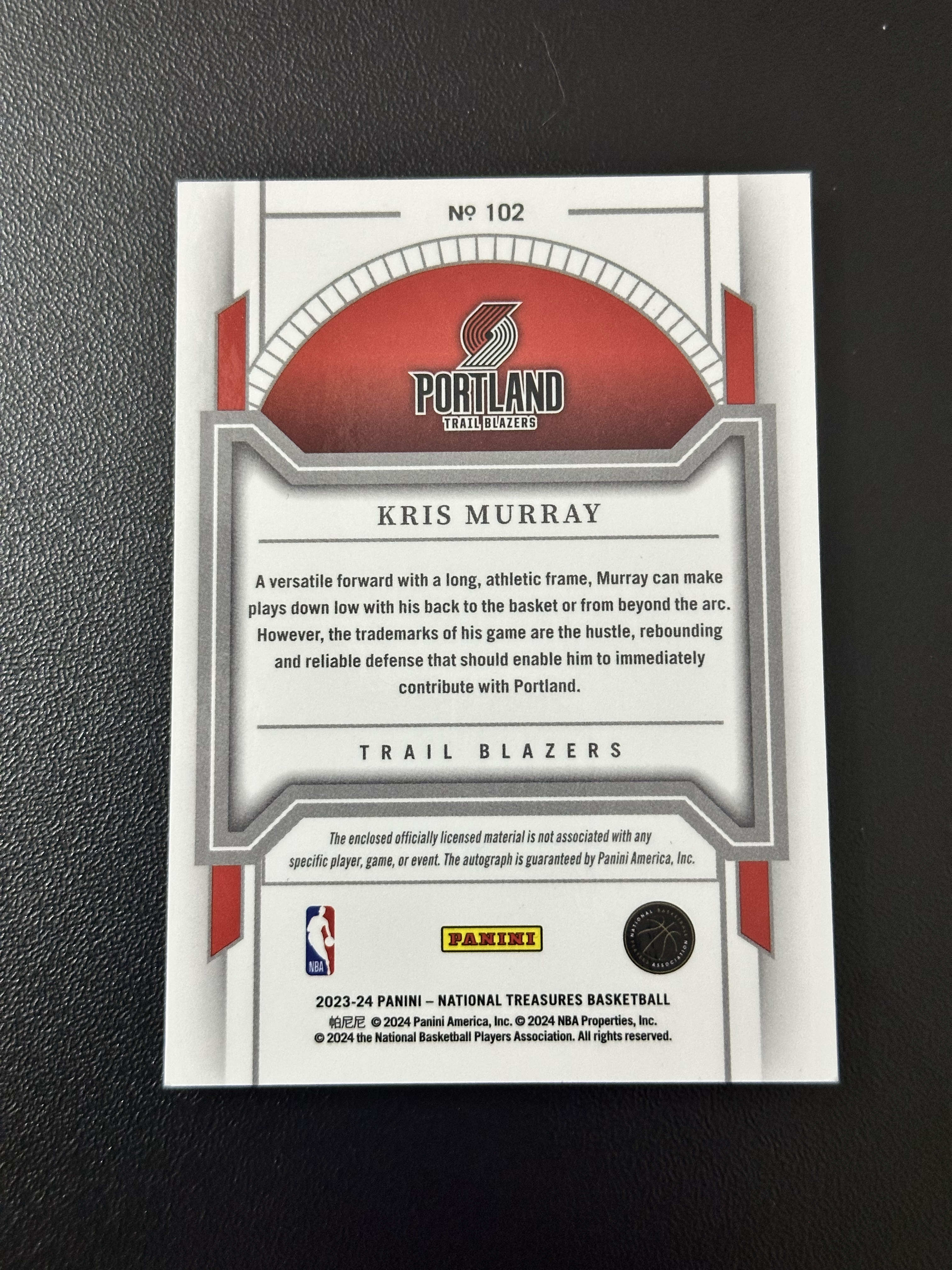 2023-24 Panini national Kris Murray 国宝 开拓者 克里斯默里 穆雷 新秀RC 签字卡签 球衣物料 RPA ...