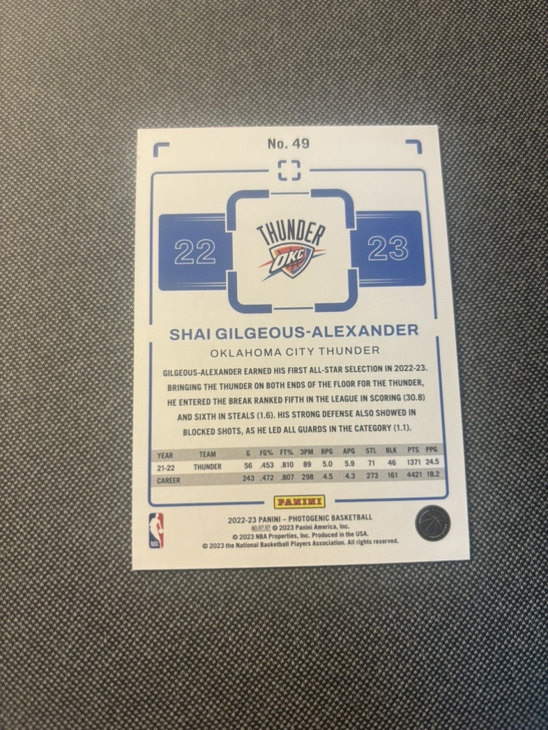 2022-23 Panini Photogenic Shai Gilgeous-Alexander 雷霆 谢伊 吉尔杰斯 亚历山大 sga ...