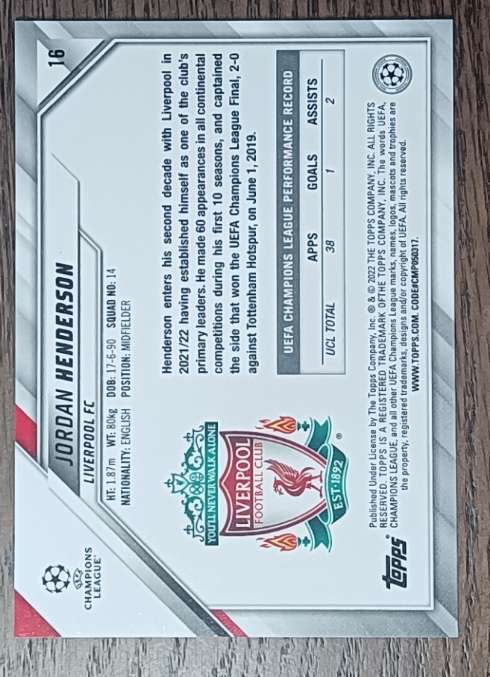 2022 Topps 碎冰 Jordan Henderson 欧冠蓝宝石 乔丹 亨德森 利物浦 英格兰 蓝碎冰 实卡精美 卡淘