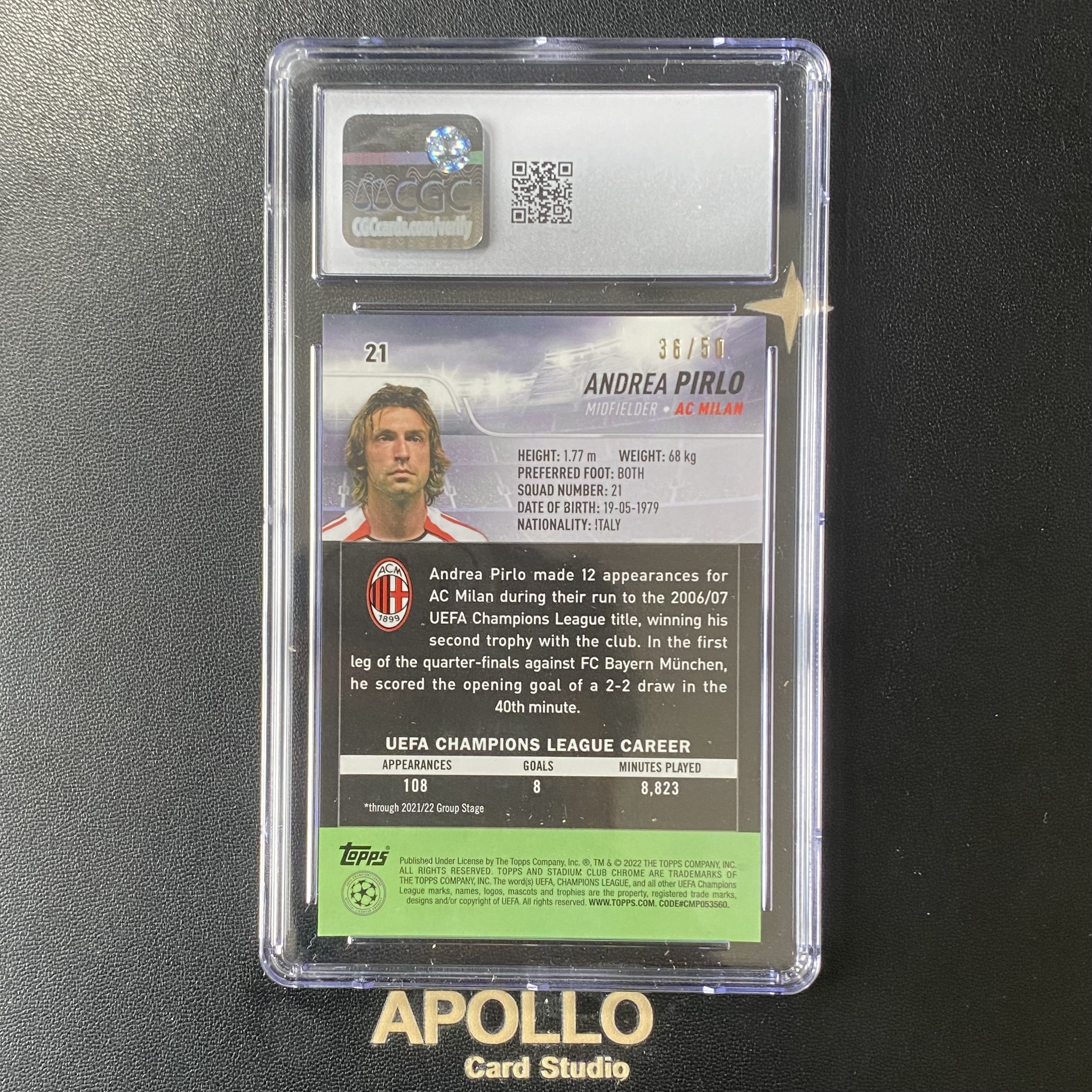 2022 Topps Stadium Club Chrome Andrea Pirlo 皮尔洛 欧冠竞技场 AC米兰 50编 金折 CGC评级 ...