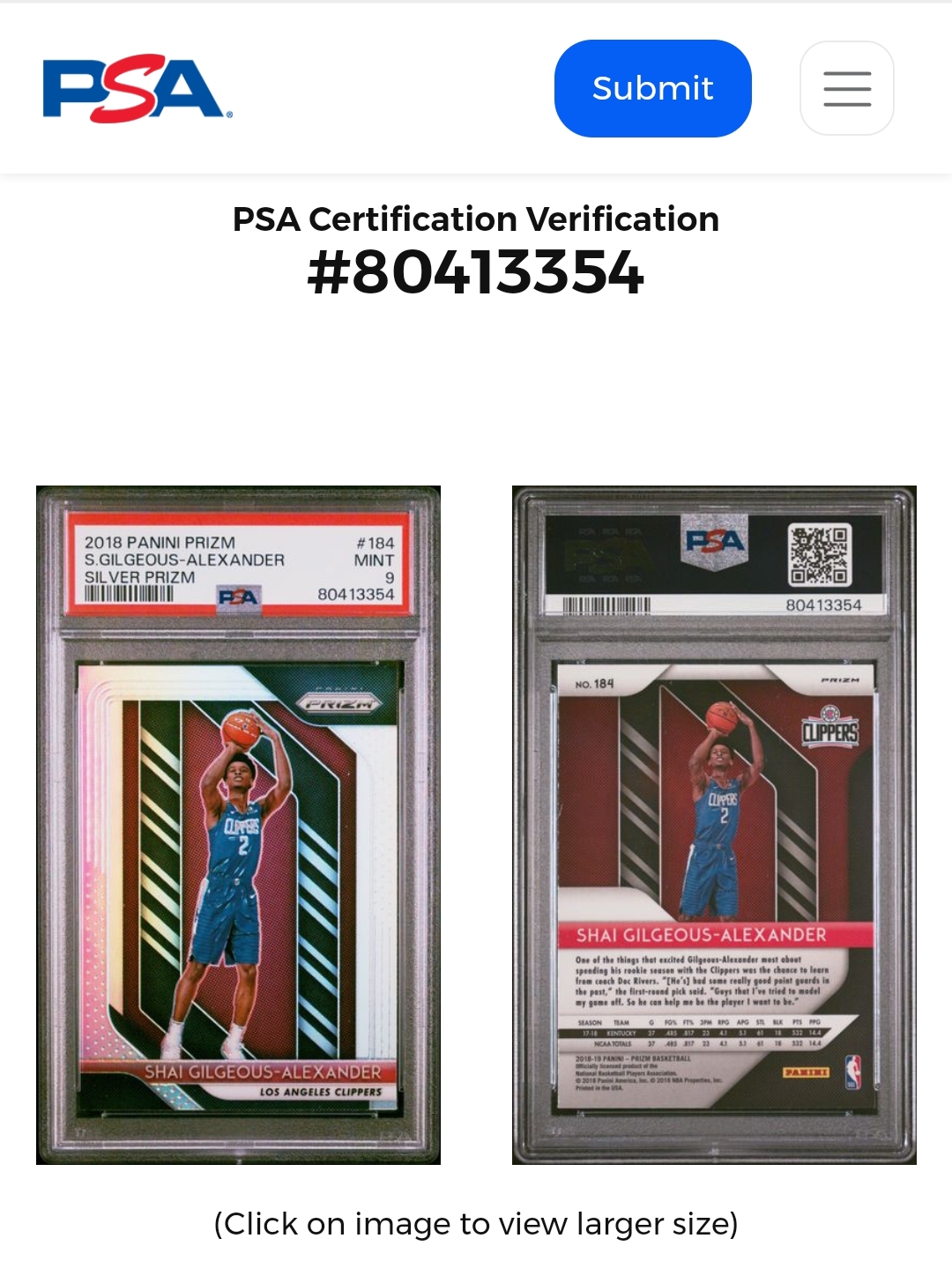 2018-19 Panini Prizm Shai Gilgeous-Alexander RC 亚历山大 SGA 新秀银折 Silver 评级卡 PSA9 快船雷霆(品见大图)《苏州卡通》J ...