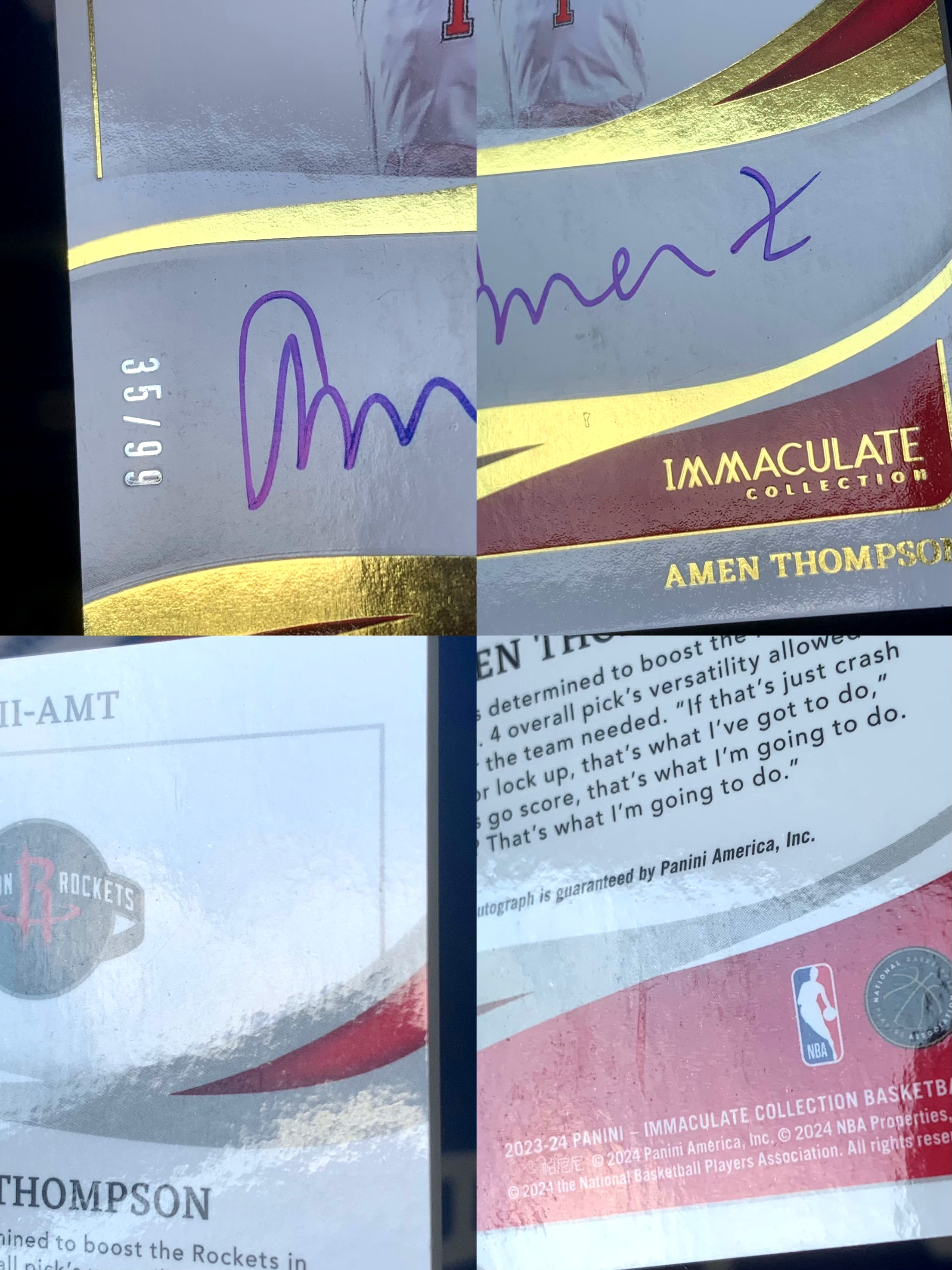 2023-24 Panini Immaculate Amen Thompson 【海宝】火箭 新秀RC 阿门汤普森 99编 ink 签字卡 卡 ...