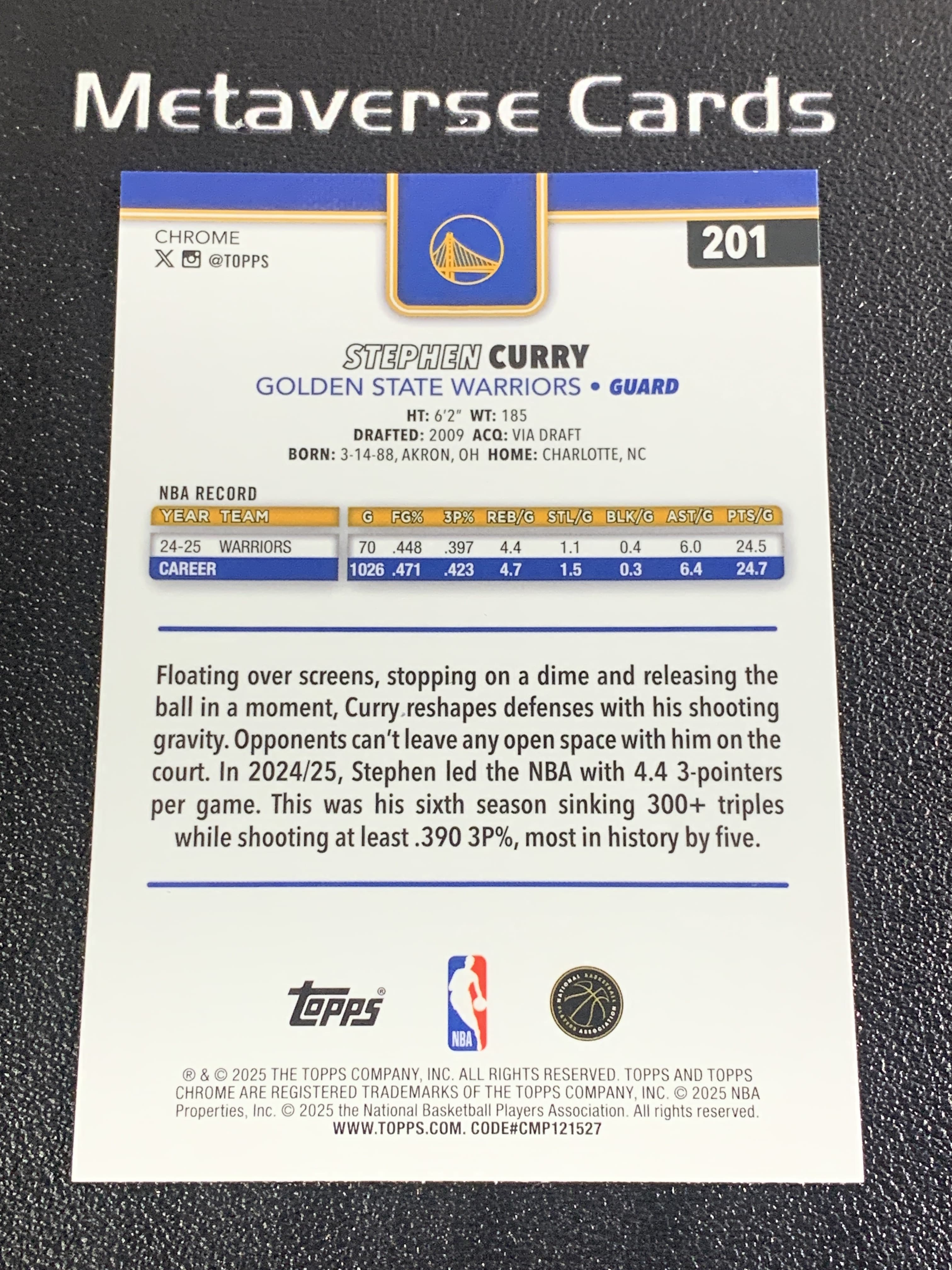 【元宇宙拍卖】ID总095：2025-26 Topps Chrome Stephen Curry 金州勇士 小学生 历史三分王 斯蒂芬 库里 ...