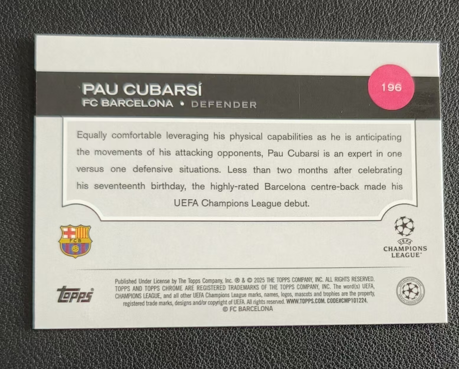 2024-25 Topps Chrome Pau Cubarsi (钰钰代拍)欧冠TC 巴塞罗那 库巴西 9/250编 粉折 瑕疵如图 拍前看 ...