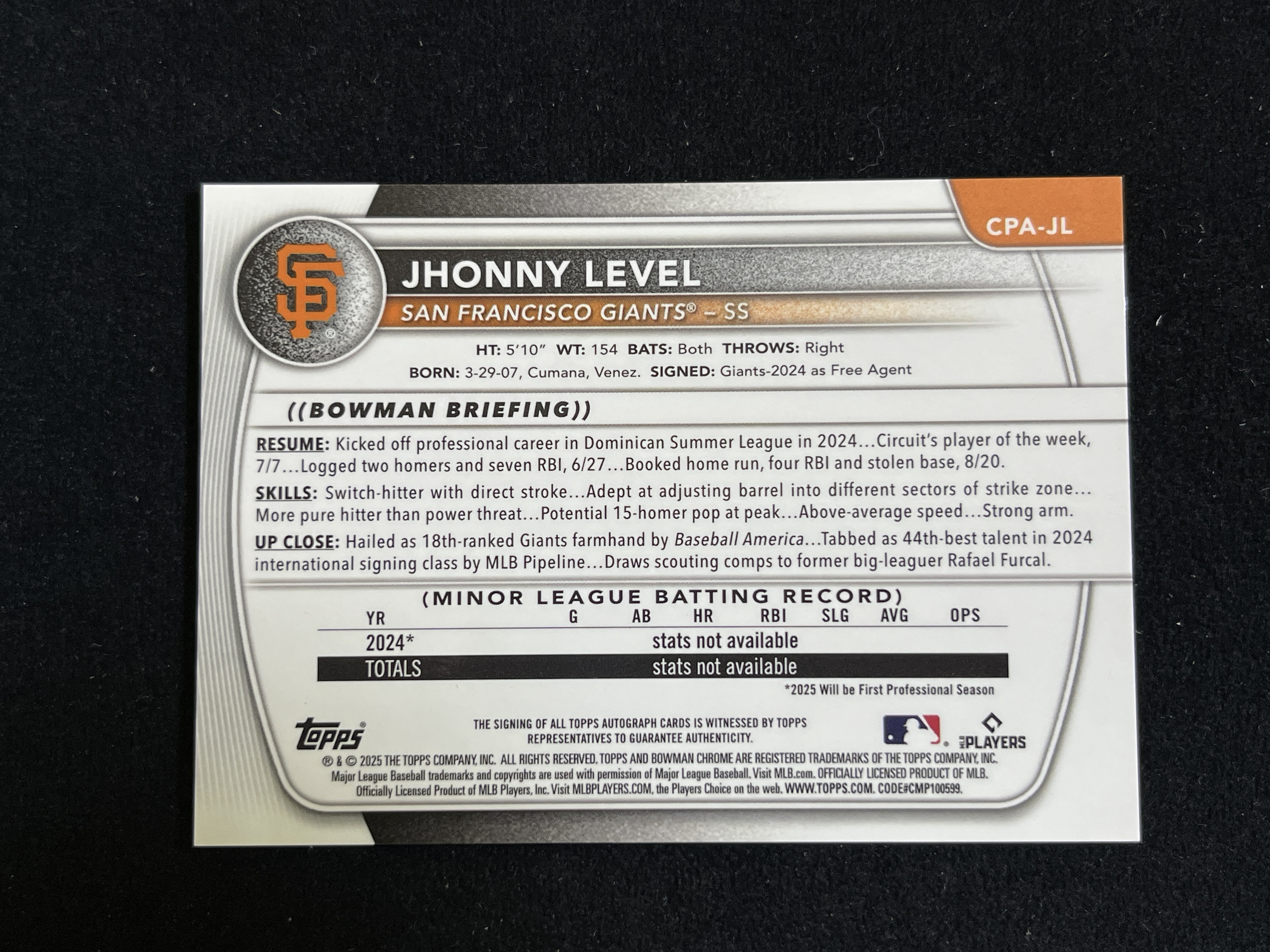 【Lucky幸运壹编壹代拍-NO】2025 Topps Chrome Baseball Bowman 棒球 Jhonny Level 巨人 ...