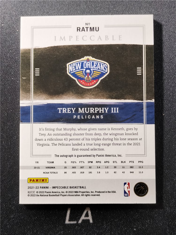 【LA拍卖】2021-22 Panini Impeccable Trey Murphy III 小真金 新秀RC 特雷 墨菲三世 优秀潜力3D ...