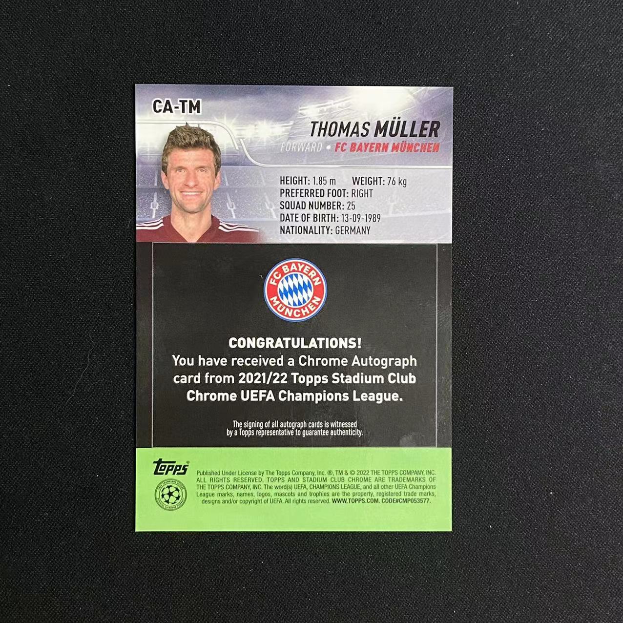 【US10-X883】2022 托马斯穆勒 Thomas Muller Topps Stadium Club Chrome 欧冠竞技场 签字 ...
