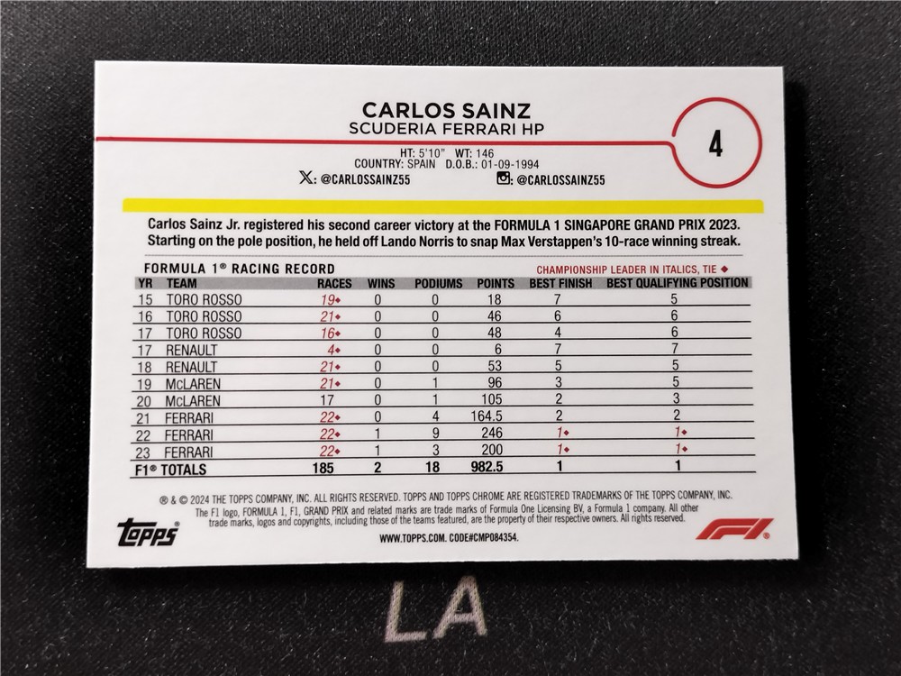 【LA拍卖】2024 Topps Chrome F1 Carlos Sainz 方程式赛车 蓝宝石系列 卡洛斯 赛恩斯 法拉利车队 青碎冰折 ...