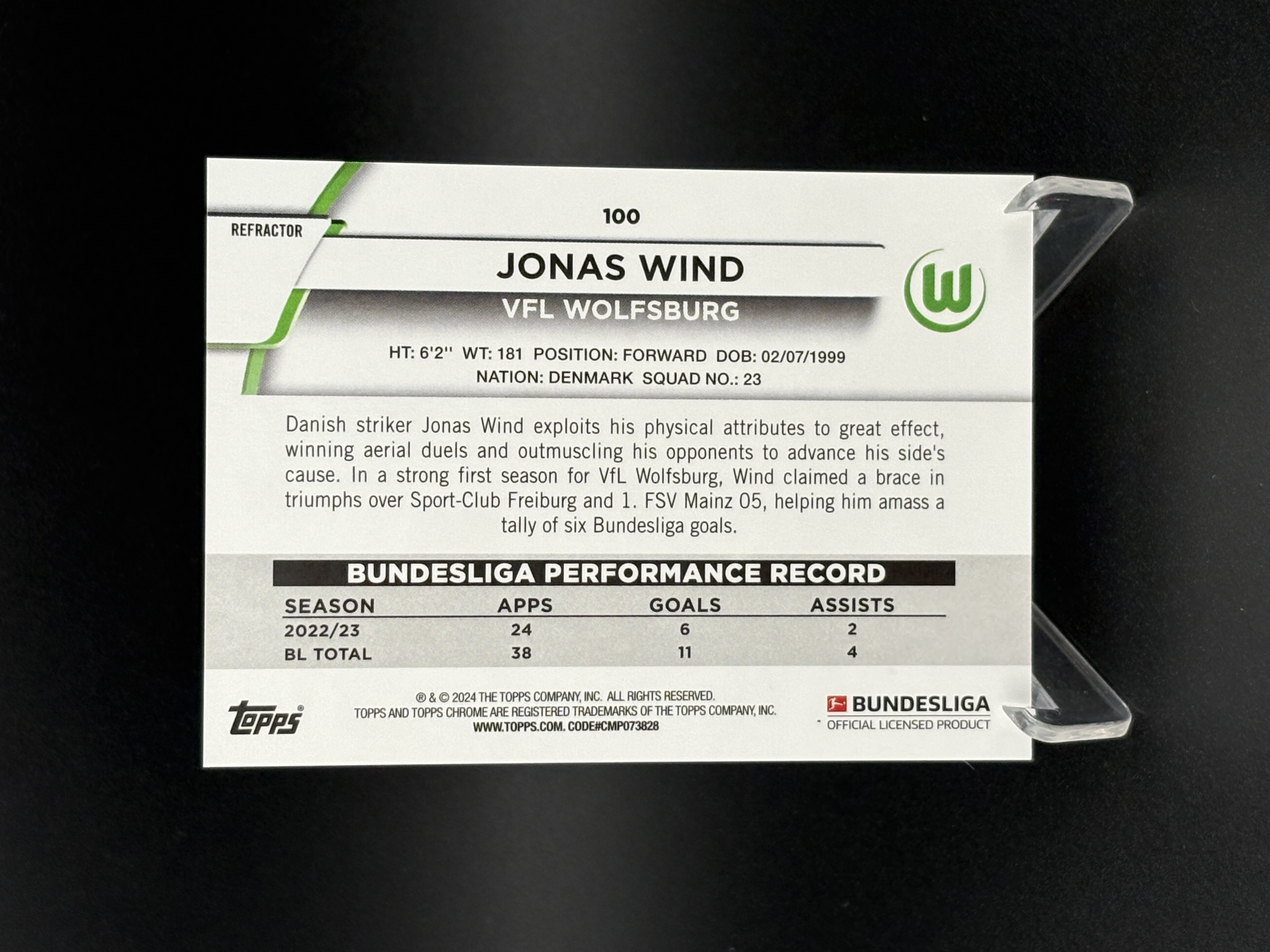 2024 Topps Chrome Jonas Wind 【湖水蓝拍卖】 乔纳斯 温德 沃尔夫斯堡 德甲TC 粉折 399编 卡品如图 哈哈哈 卡淘