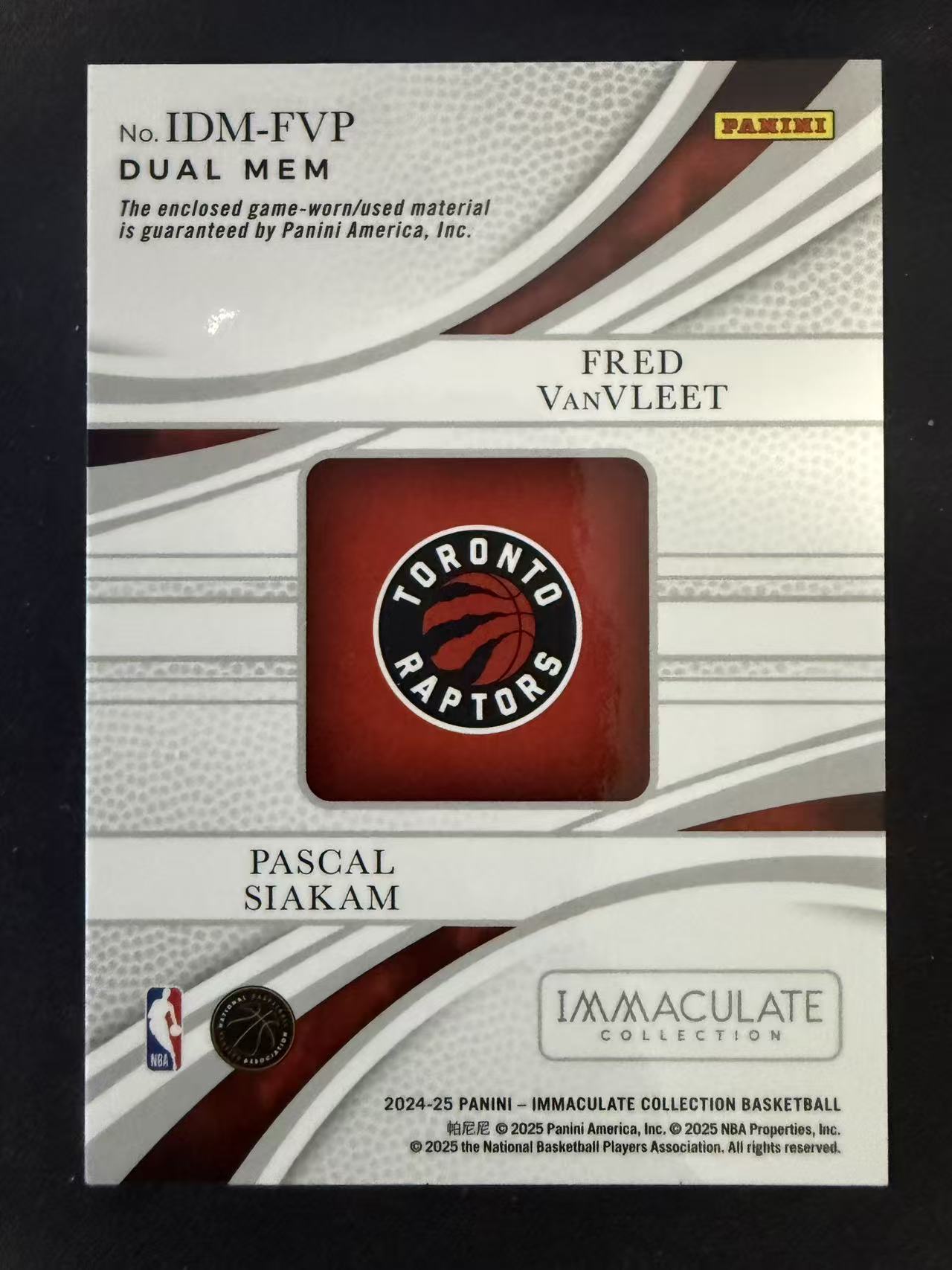 2024-25 Panini Immaculate Fred VanVleet/Pascal Siakam #10 DUALMEM 双人物料 ...