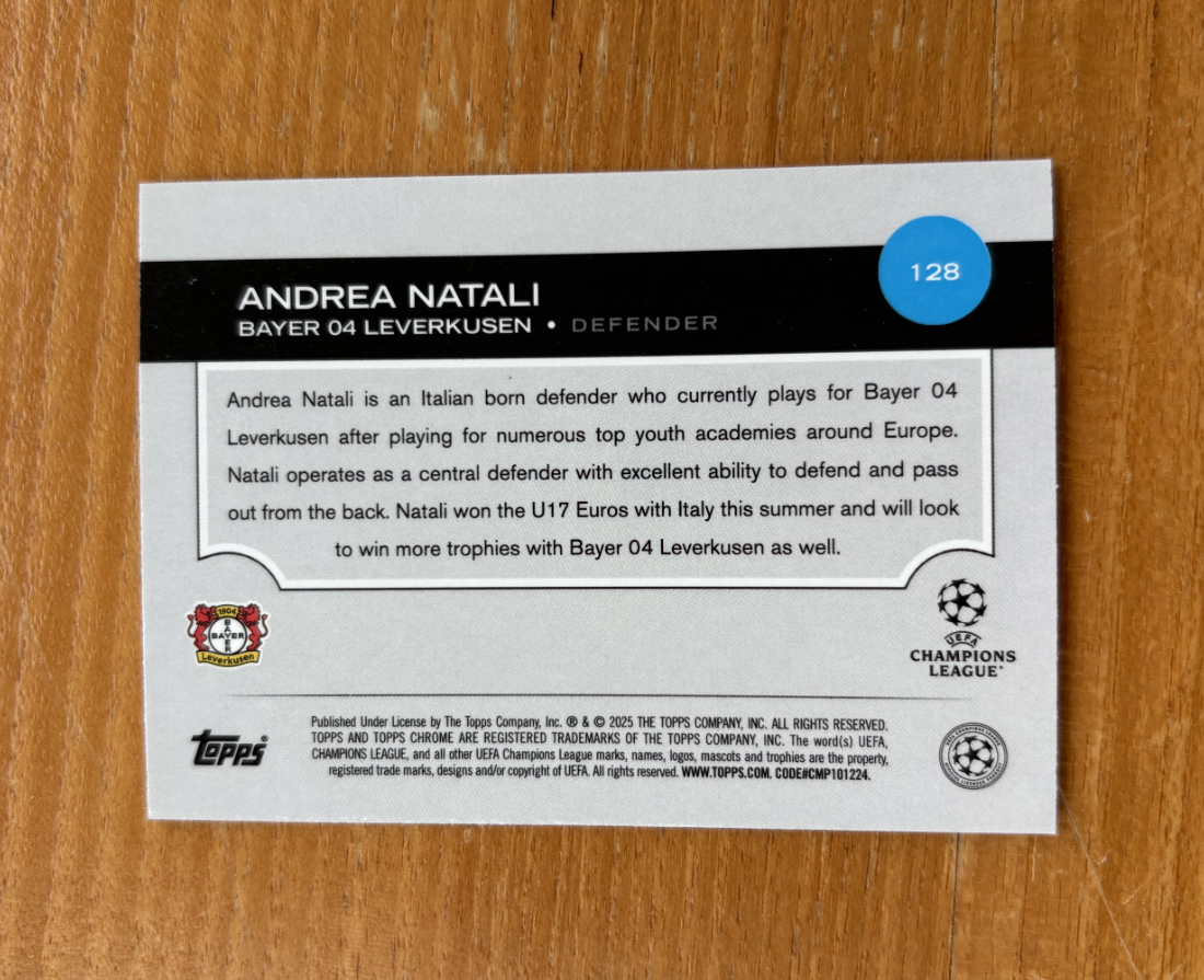 2025 Topps Chrome Andrea Natali RC 欧冠TC 安德烈娅 纳塔利 勒沃库森 新秀 紫罗兰折 /75 专收必备 ...