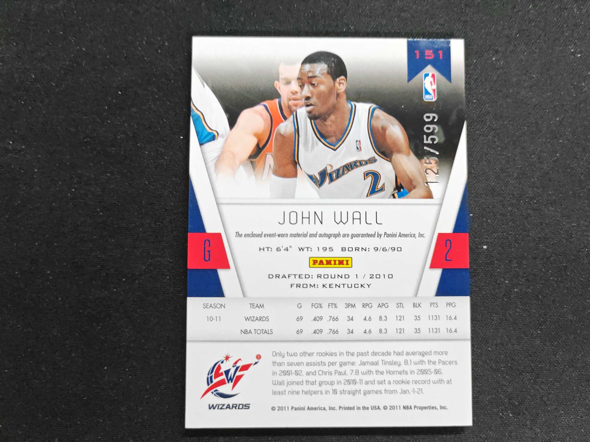 2010-11 Panini Totally Certified John Wall RC SC球星卡 卫生巾 新秀 奇才 约翰沃尔 球衣 ...