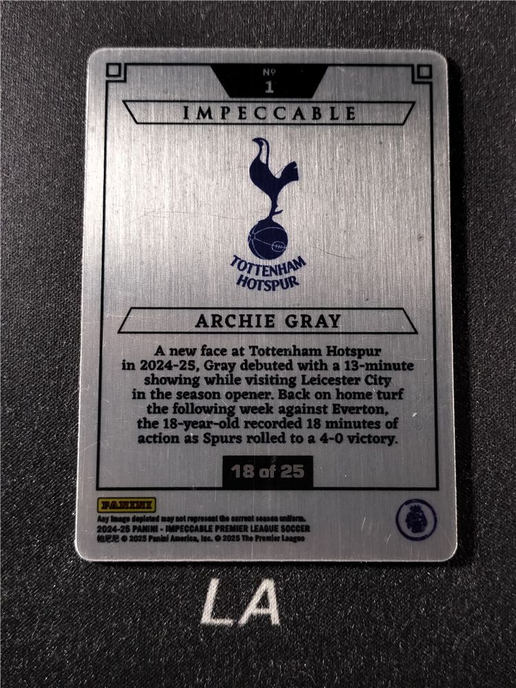【LA拍卖】2024-25 Panini Impeccable Archie Gray 英超小真金 新秀RC 阿奇 格雷 英格兰 利兹联 热刺 ...