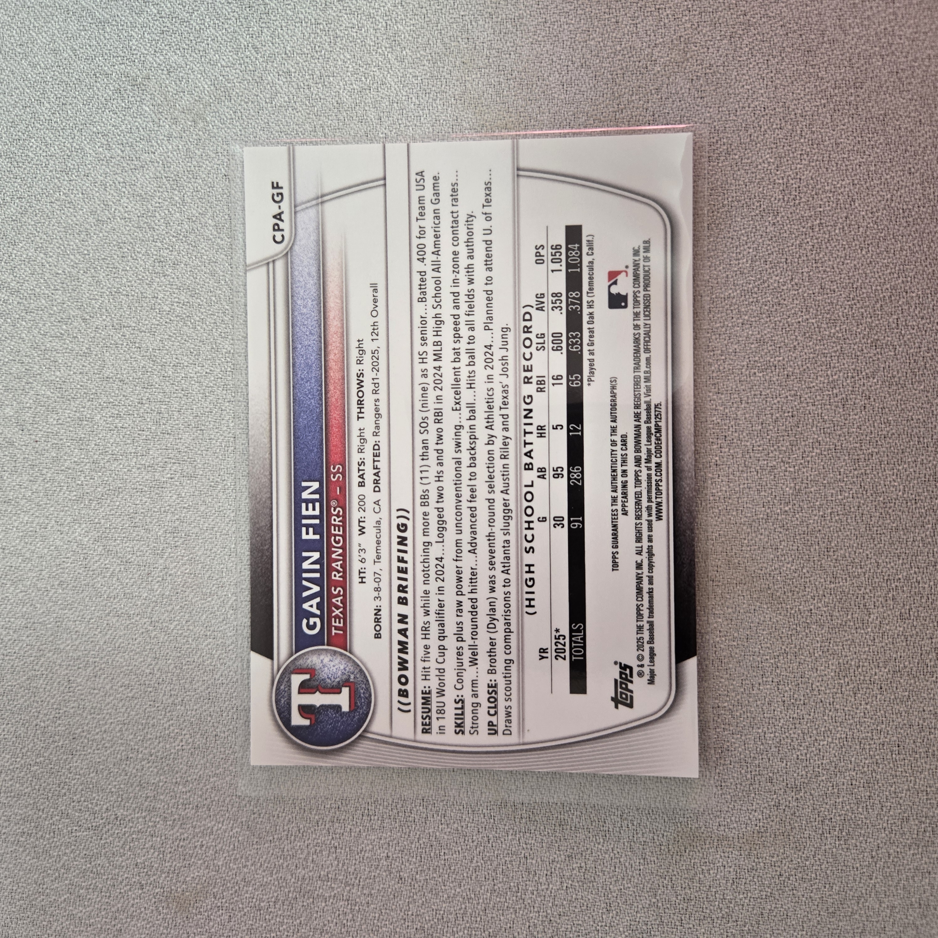 2025 Topps Draft Chrome Gavin Fien 鲍曼棒球 加文 费恩 游骑兵 1st 签字 卡签 卡品如图 收藏必备【闷 ...