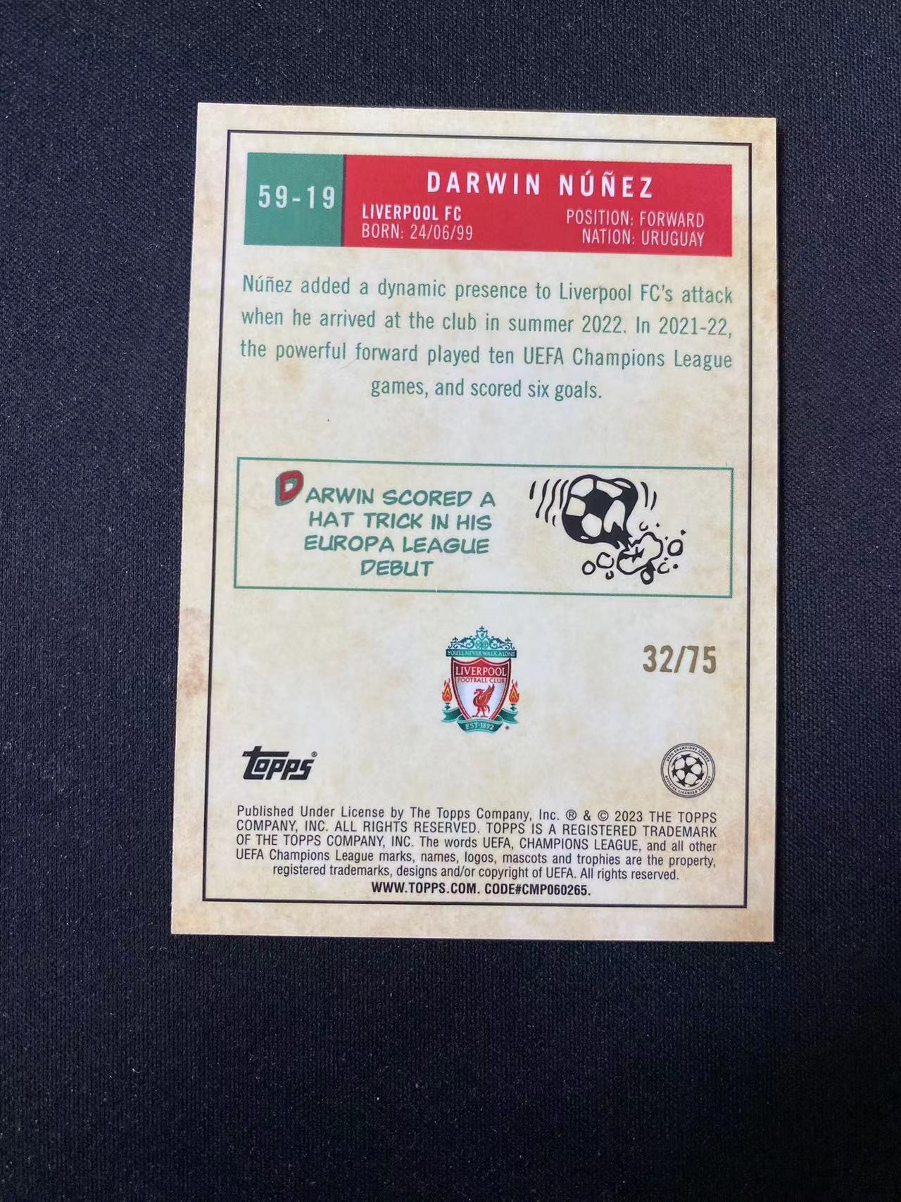2023 Topps Chrome UCC Darwin Nunez 欧冠 利物浦 达尔文 努涅斯 32/75编 蓝波纹折 1959复古特卡 ...