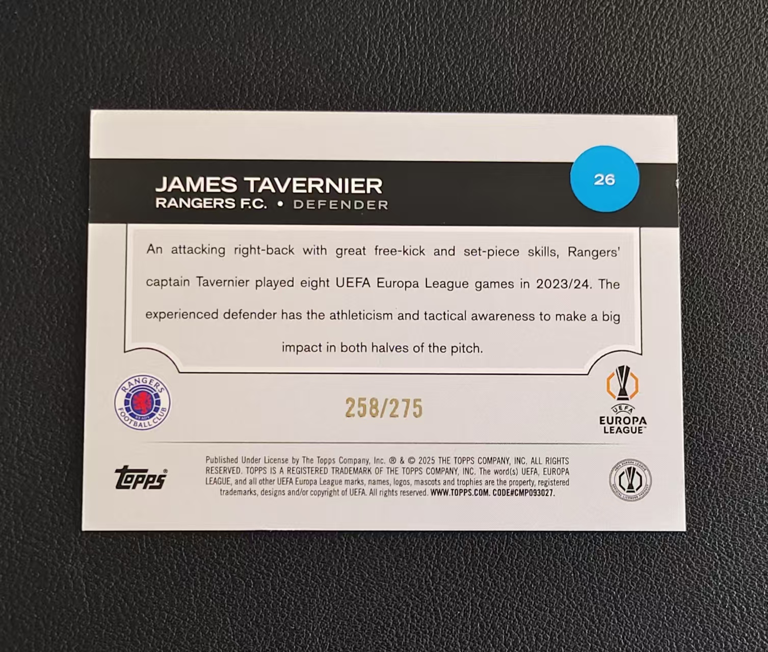 2024-25 Topps UCC James Tavernier (钰钰代拍)欧冠 UCC 詹姆斯 塔弗尼尔 流浪者 258/275编 深蓝 ...